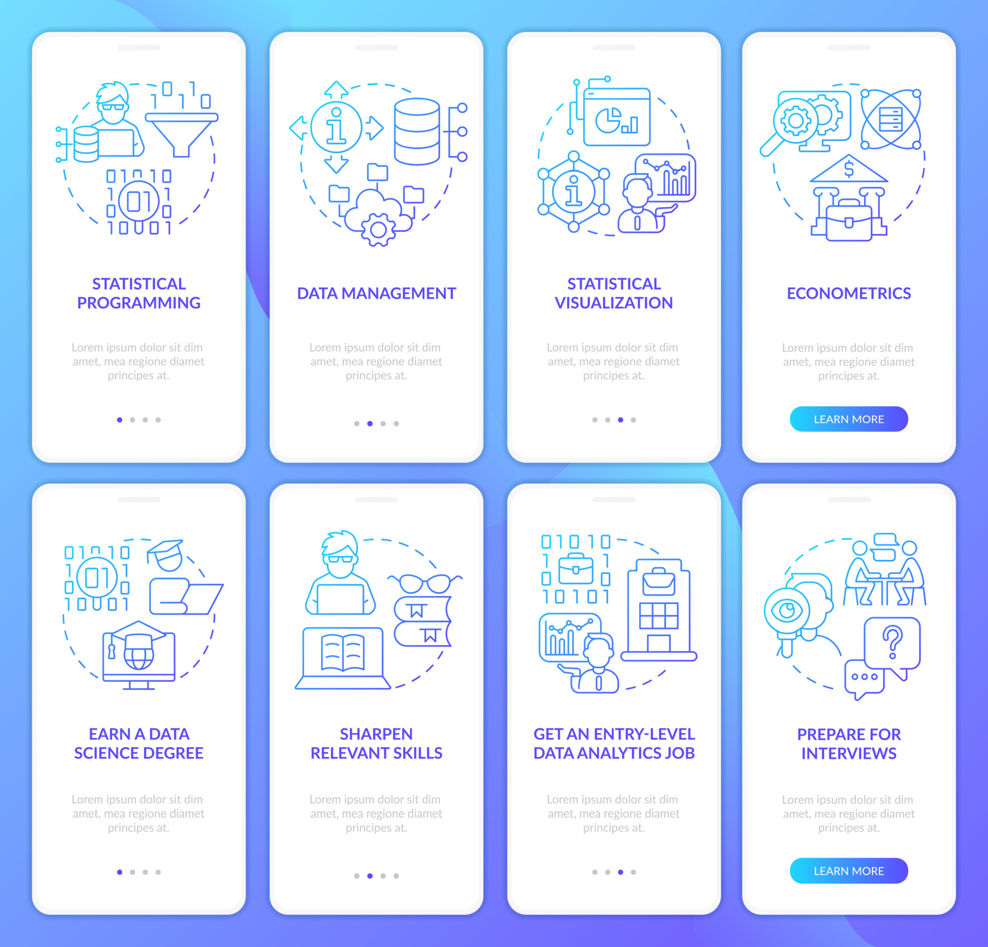 Data Management Expert Blue Gradient Onboarding Mobile App Screen Set Walkthrough 4 Steps