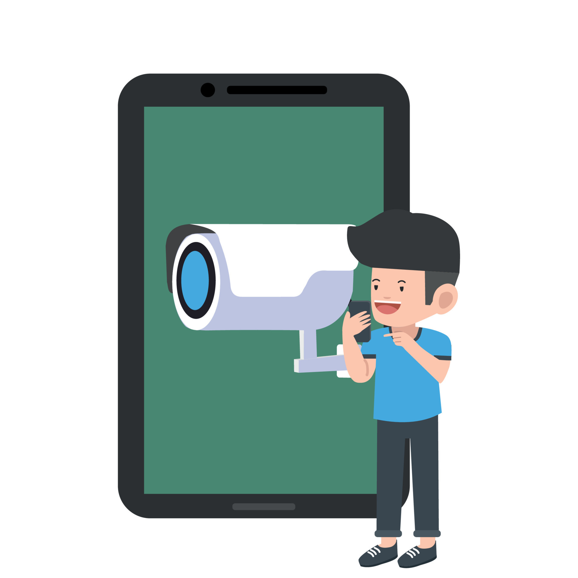 Cctv Security Camera With Man Hold Mobile Phone 13222966 Vector Art At Vecteezy