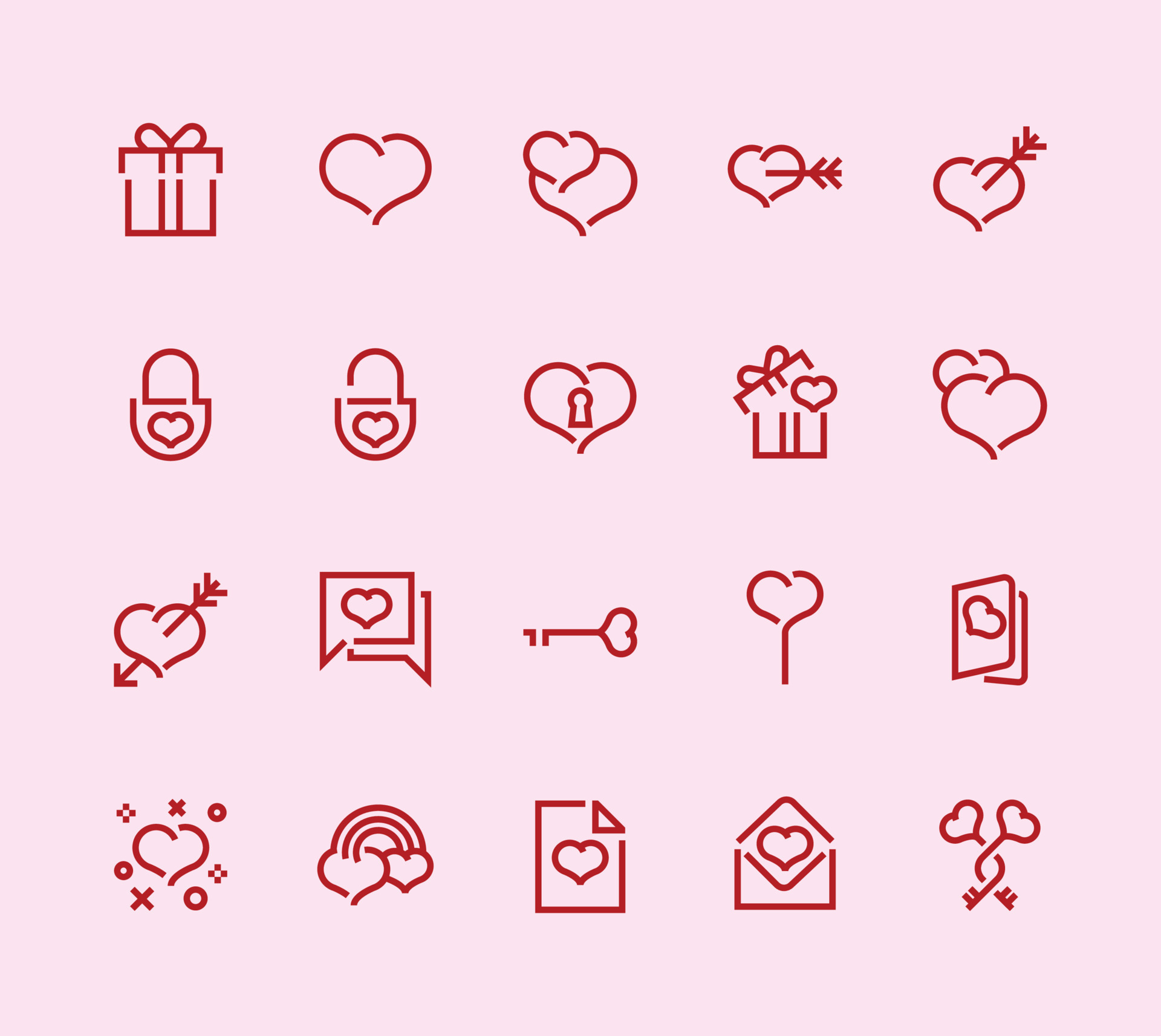 Happy Valentine day simple line icons vector set flat isolated red, icon set Outline icons ...