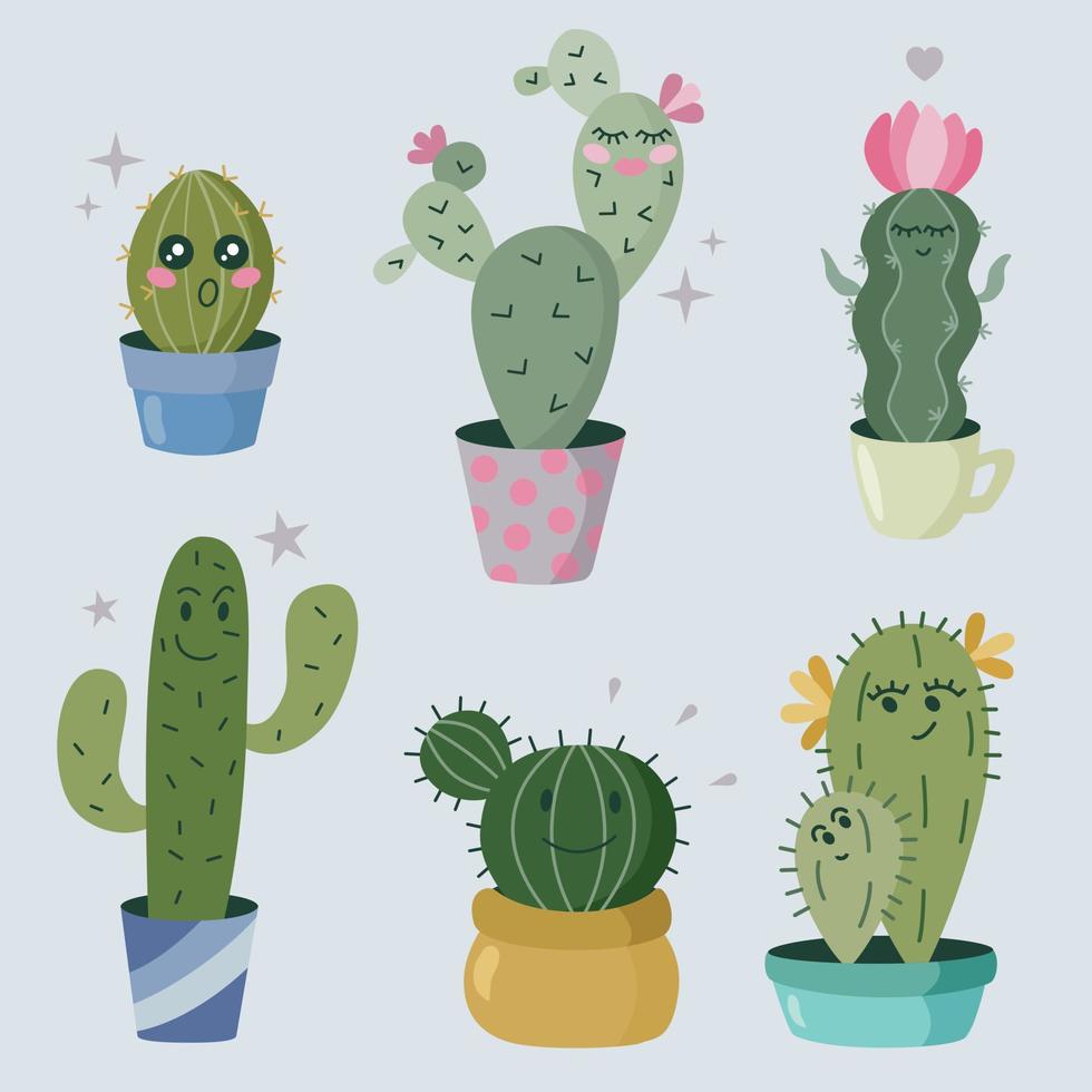 Set Cartoon Characters Cacti With Happy Face 13233880 Vector Art At