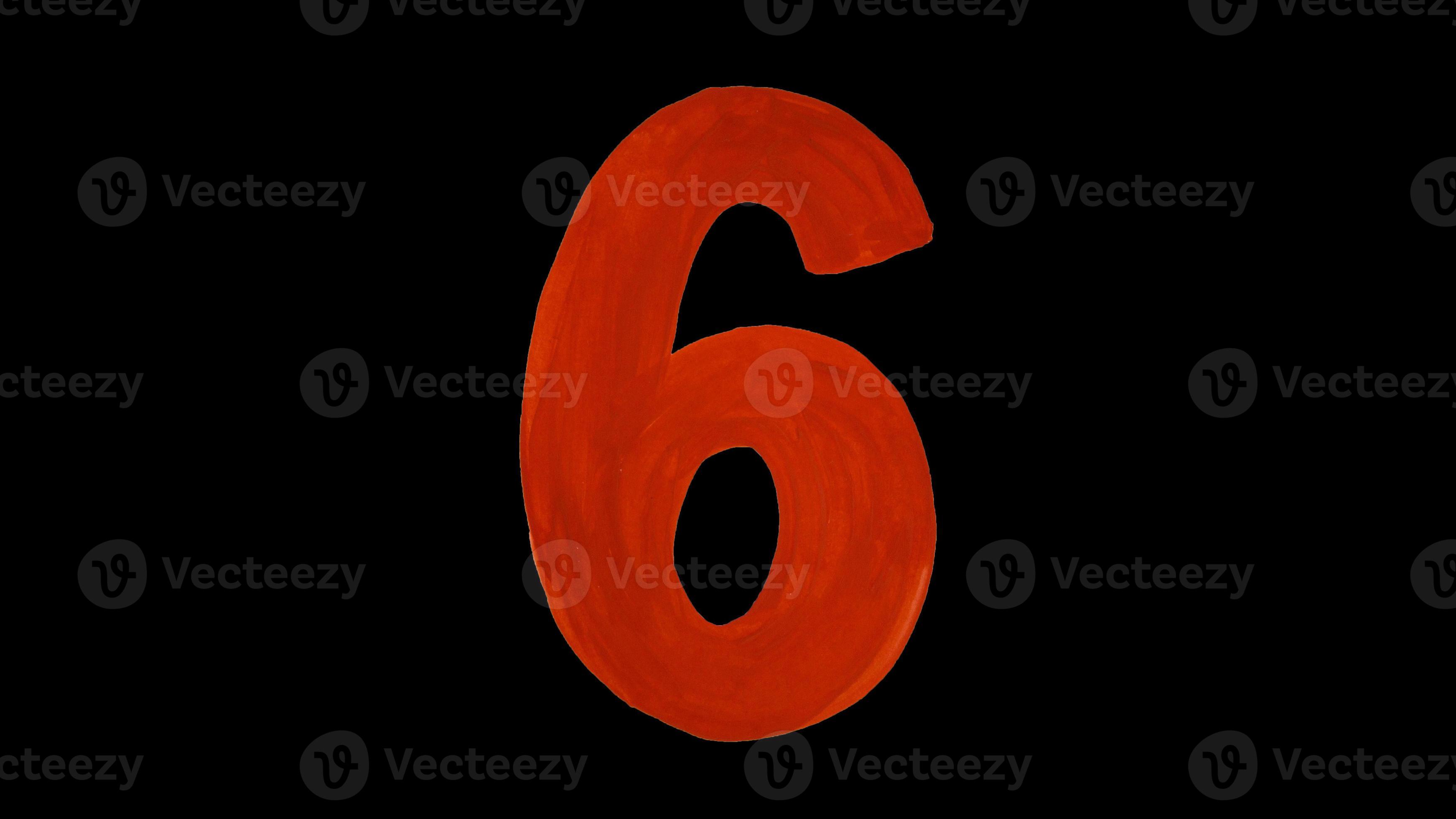 Red number six drawn gouache. Isolated on a black background. Figure hand drawn by paint ...