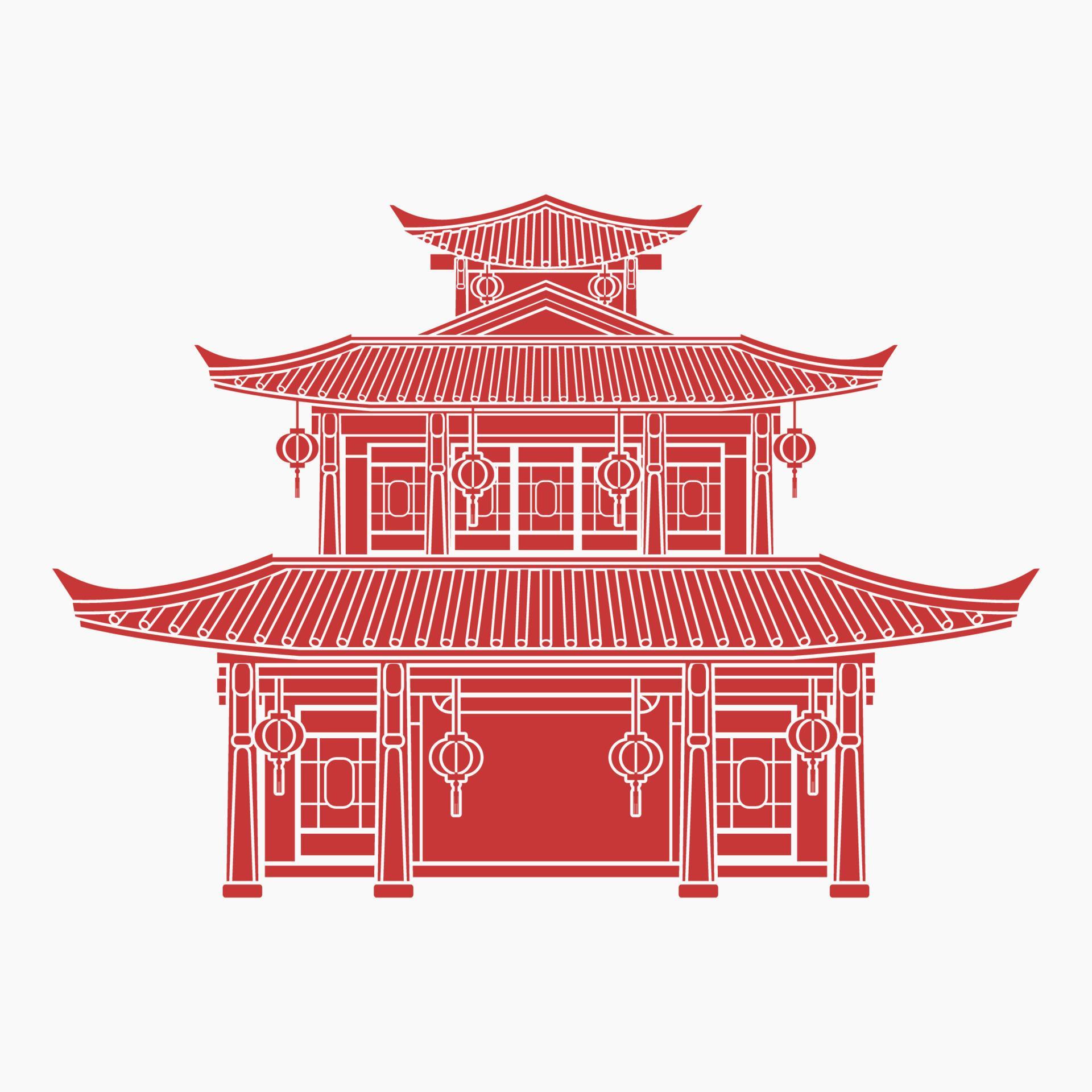 Editable Traditional Chinese Building Vector Illustration In Flat Monochrome Style For Artwork