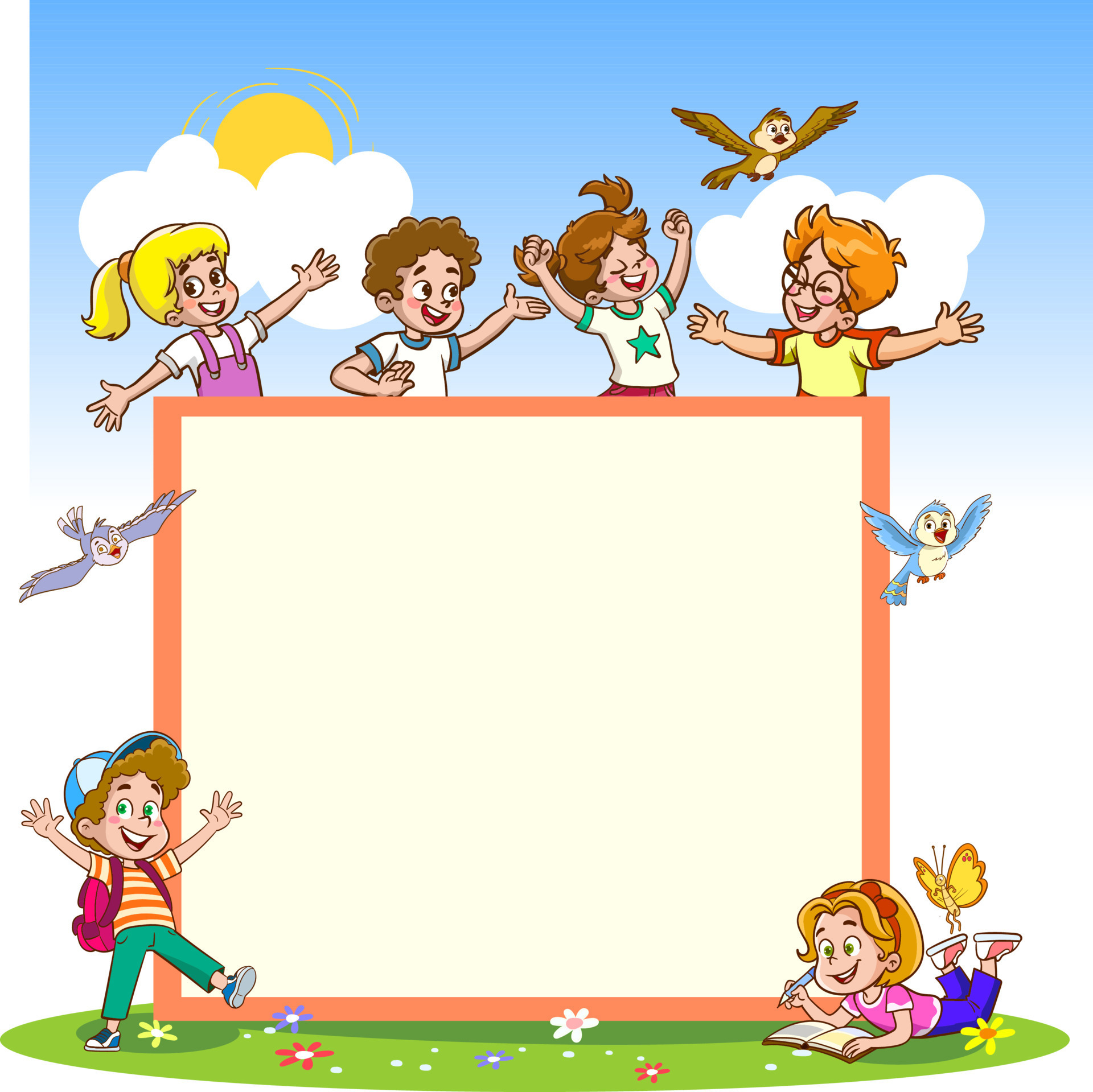 Vector illustration cartoon of children holding blank sign banner. Ad ...