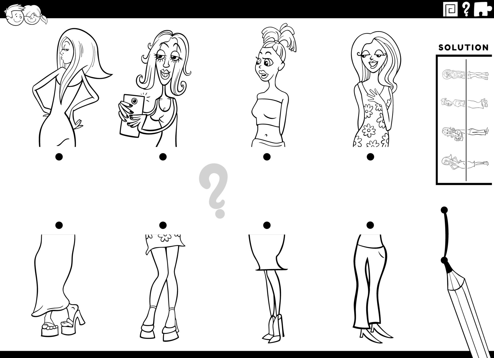emparejar mitades de mujeres cómicas imágenes juego libro para colorear ...