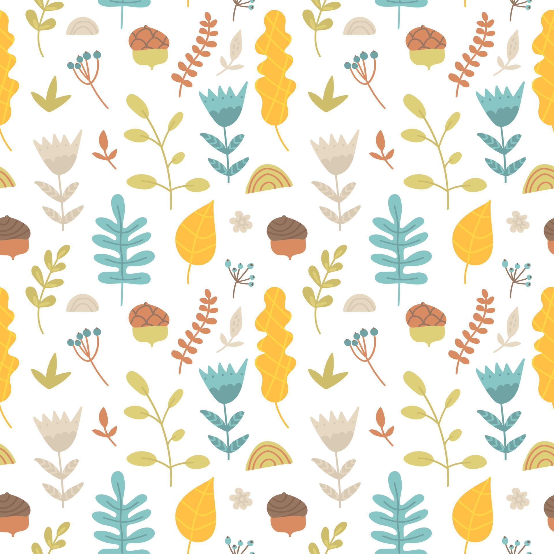 Vector seamless pattern of hand drawn leaves, branches, acorns, twig and berries. Abstract ...
