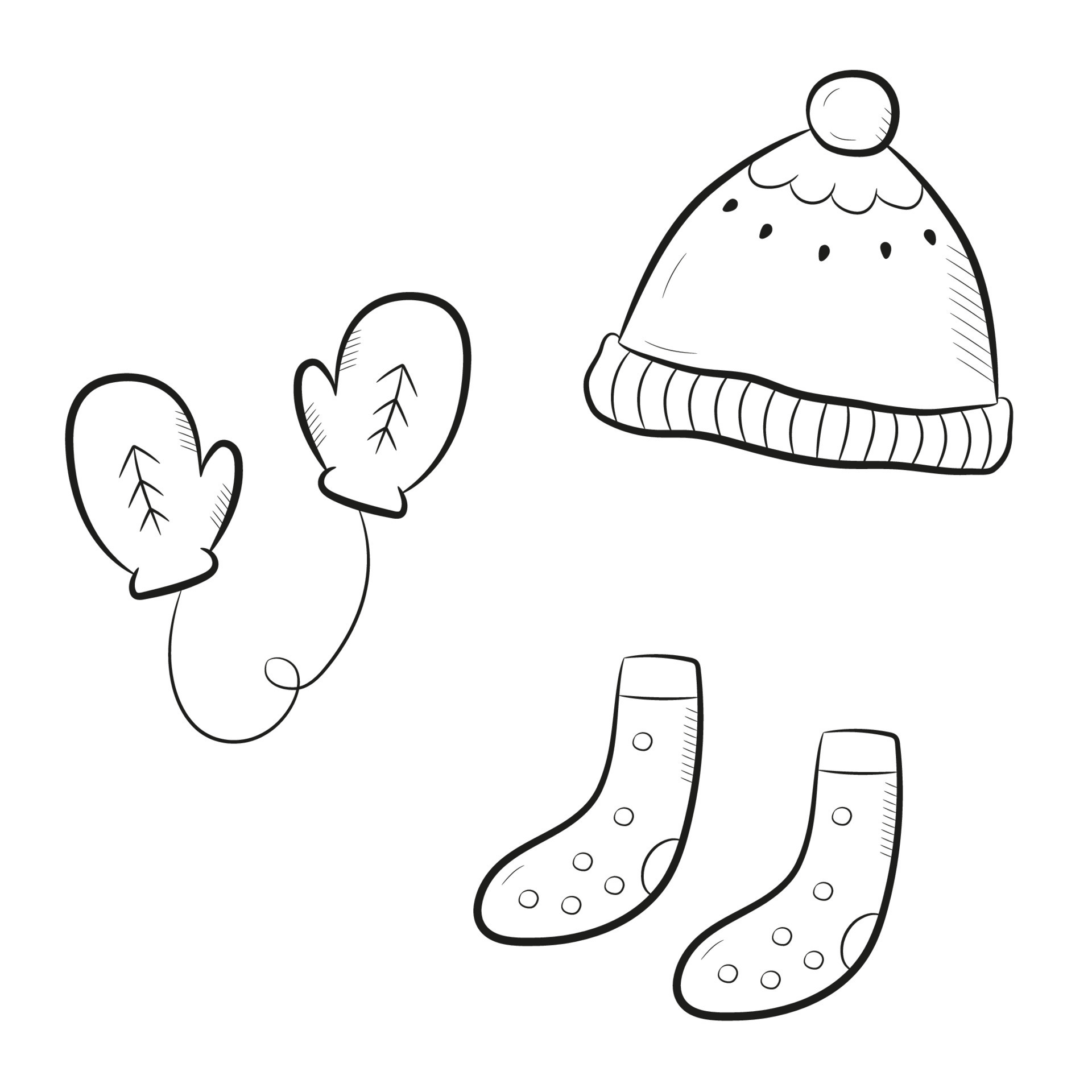 Hand drawn winter clothes. Mittens, hat and socks. Cute doodles ...