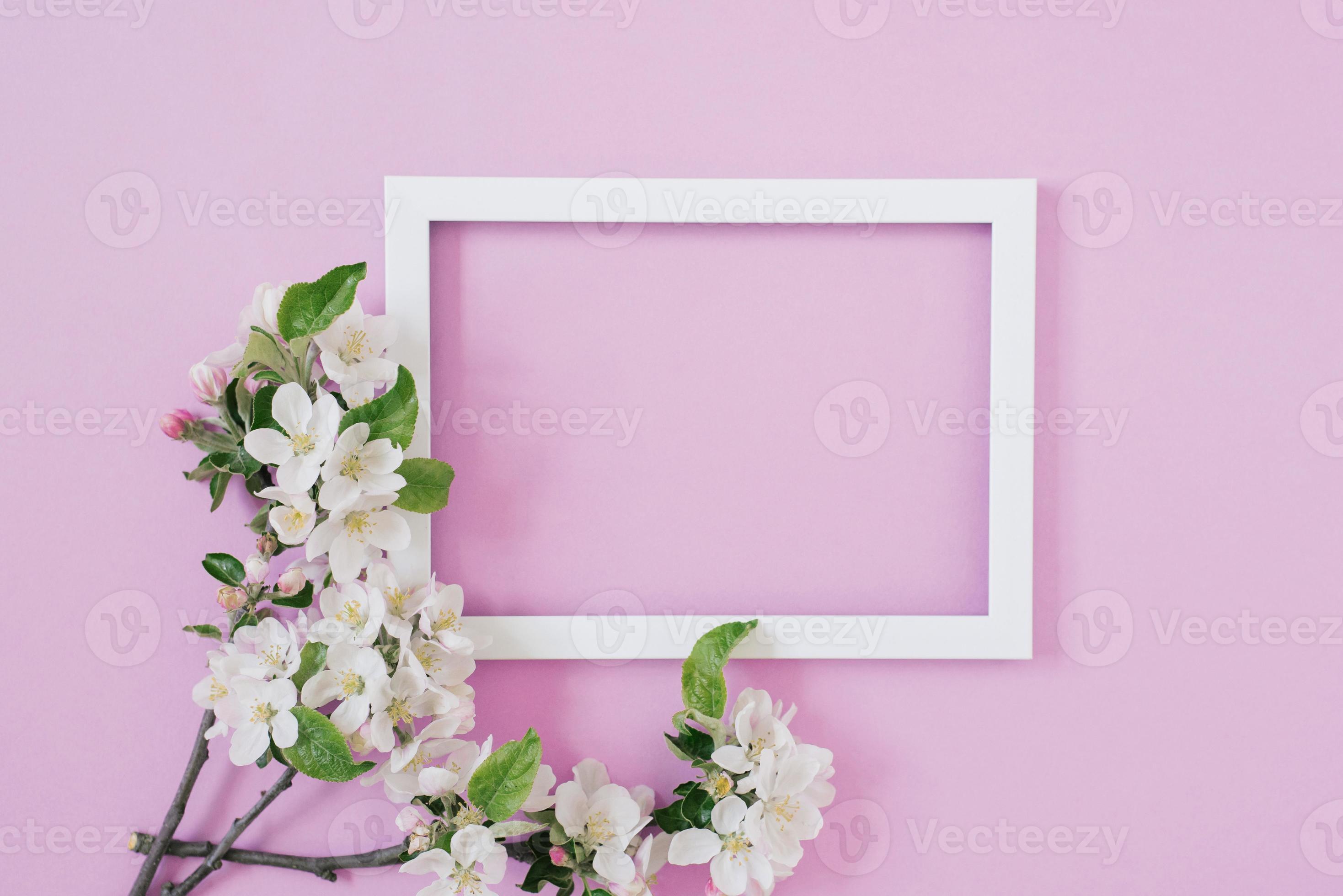 Banner with flower and empty white photo frame on pink background with ...