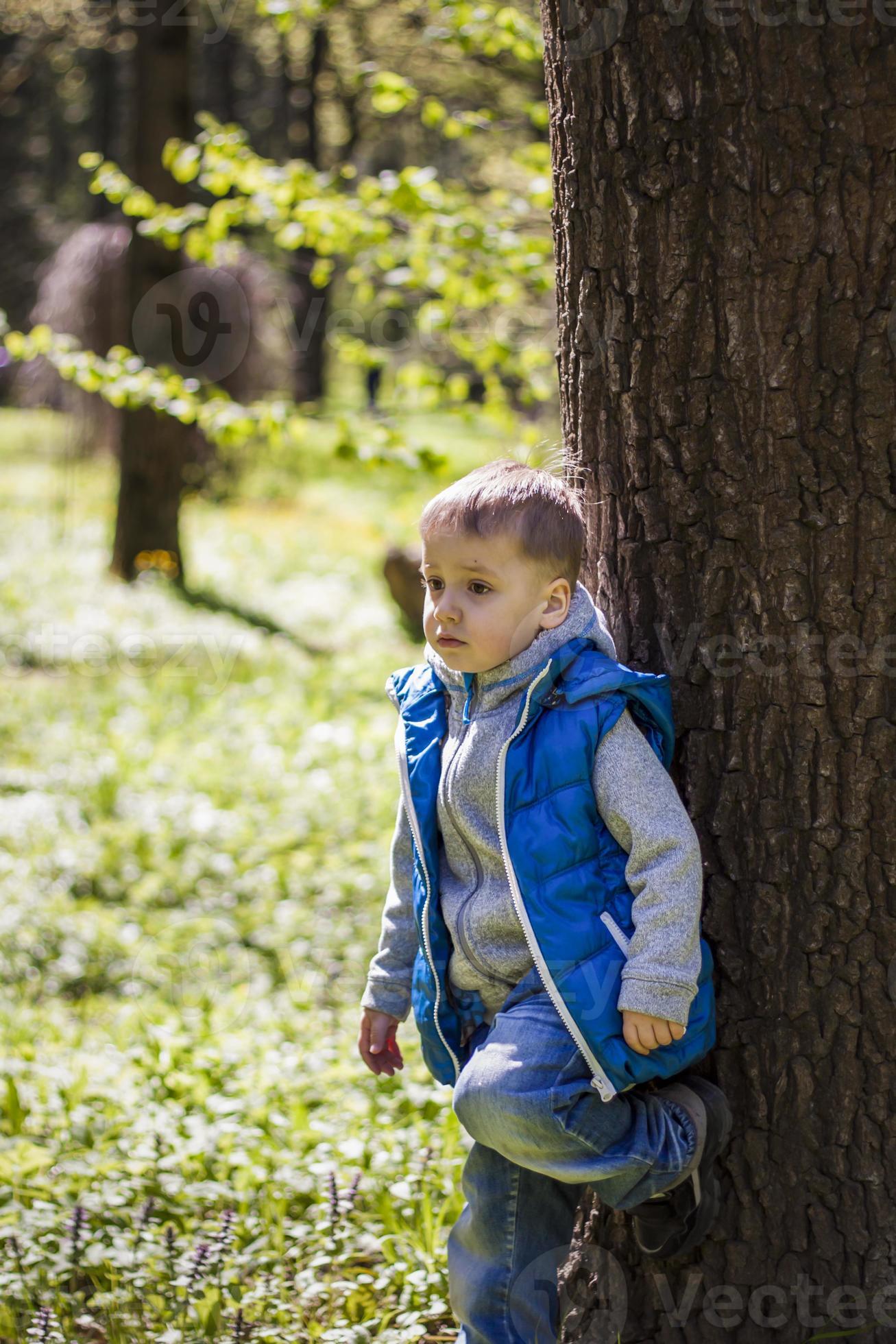 retrato de un niño con una camiseta azul en el bosque en primavera. dar ... retrato de un niño con una camiseta azul en el bosque en primavera. dar ...