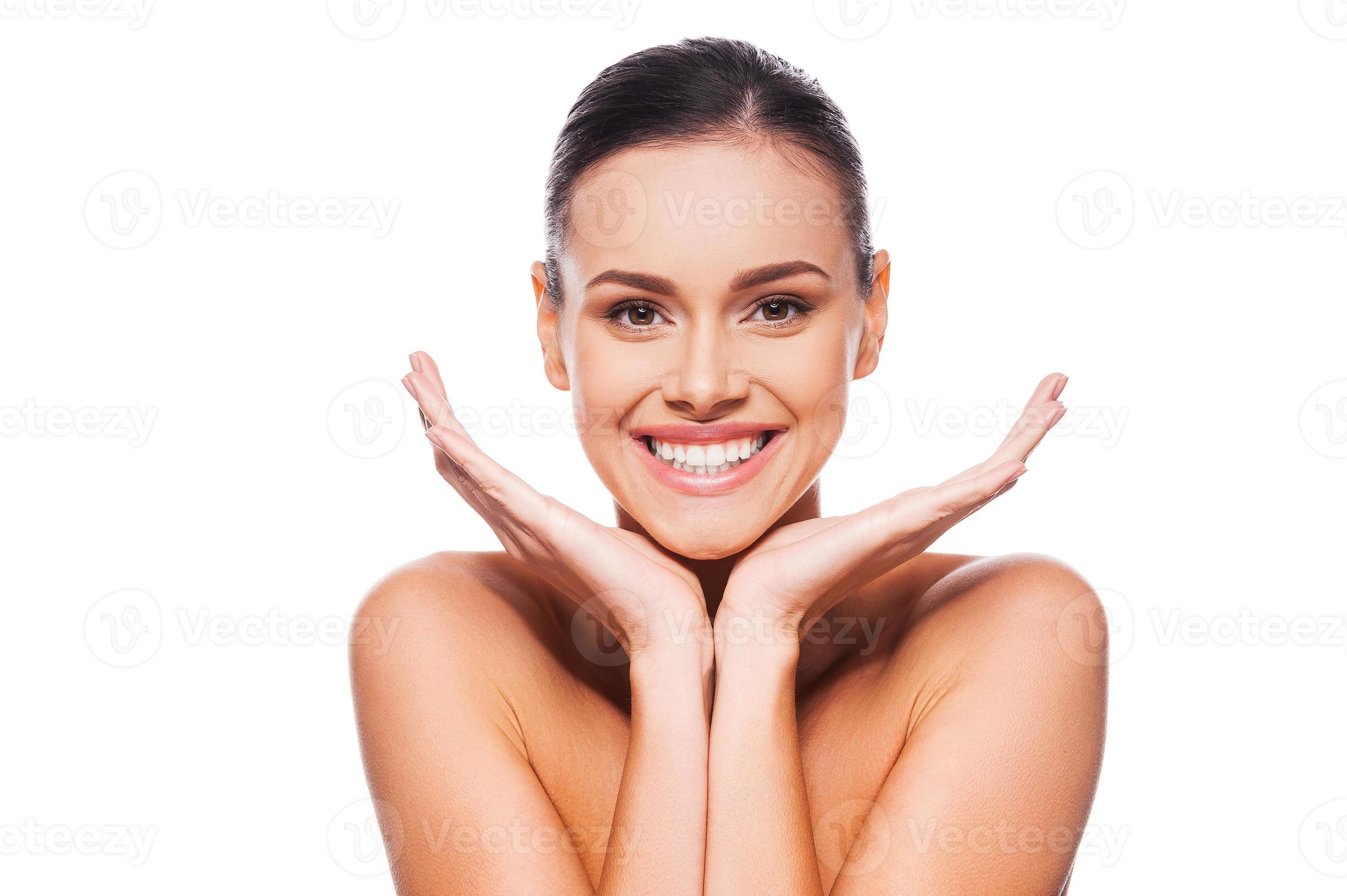 Natural Spa Beautiful Young Shirtless Woman Holding Hands Under Chin