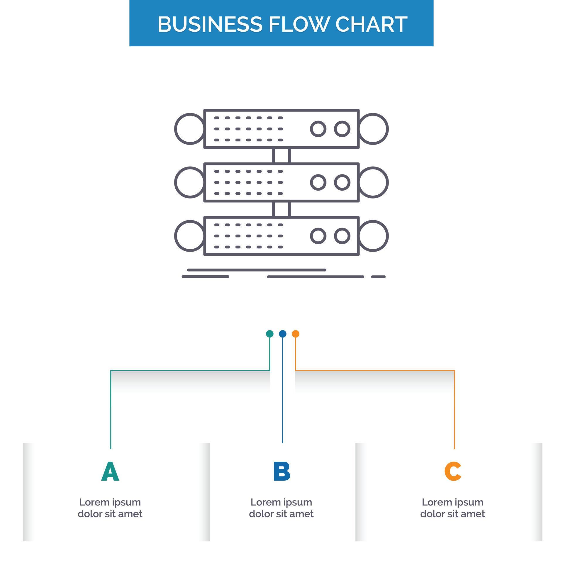 Server Structure Rack Database Data Business Flow Chart Design With 3 Steps Line Icon For