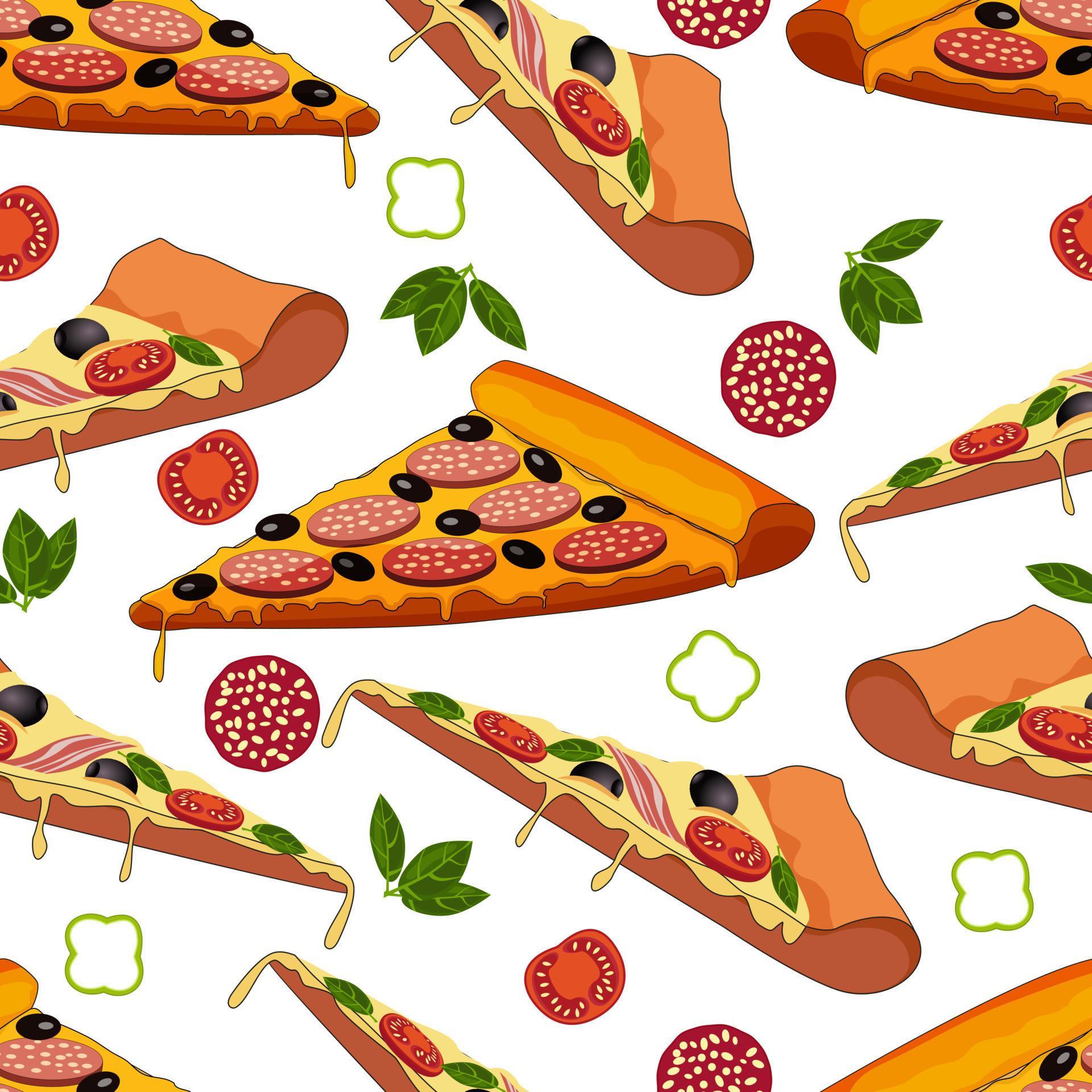 Seamless pattern of delicious hand-drawn pizza slices.Pizza slices and ...