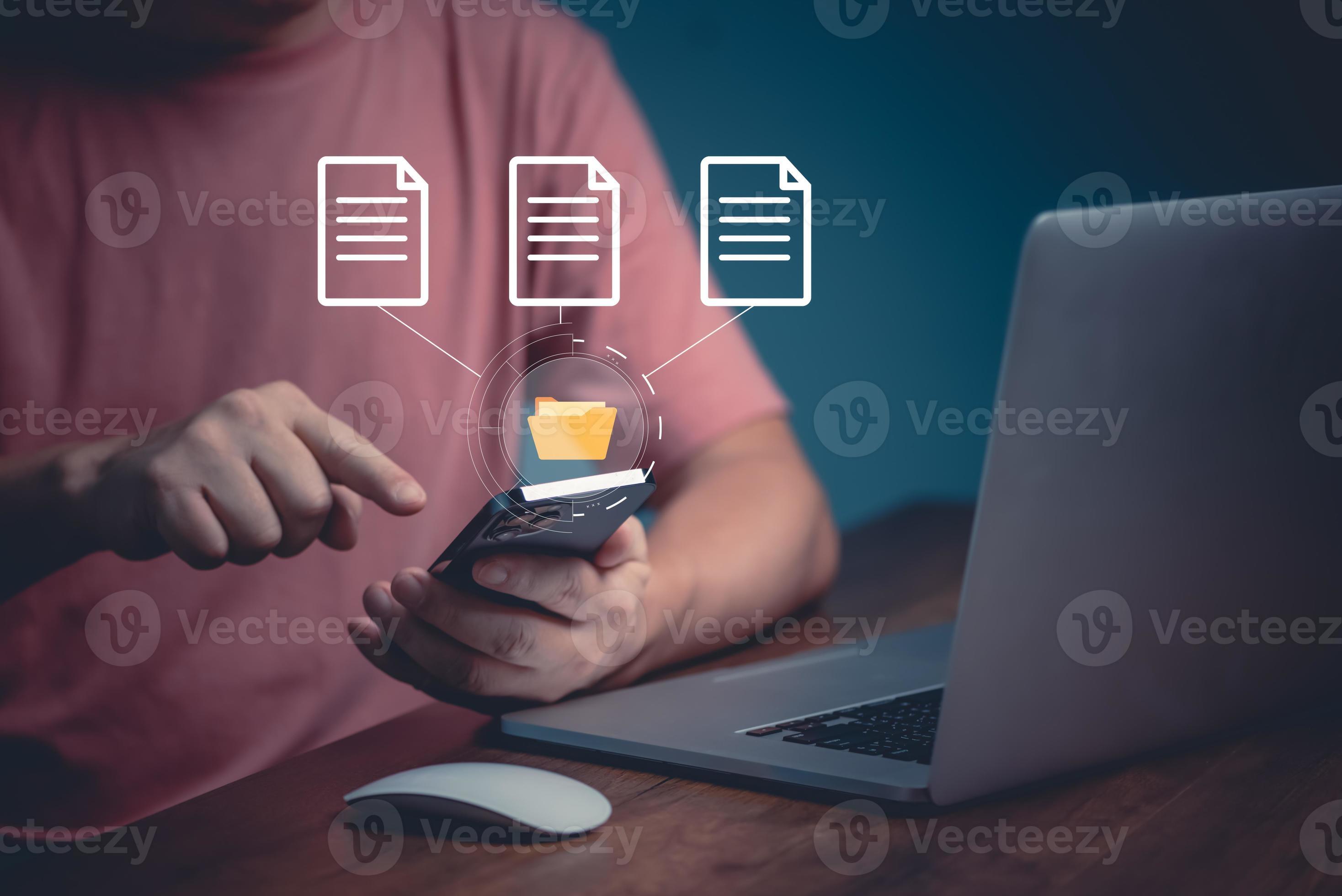 Man using mobile smartphone. Document management system, DMS, online documentation database and ...
