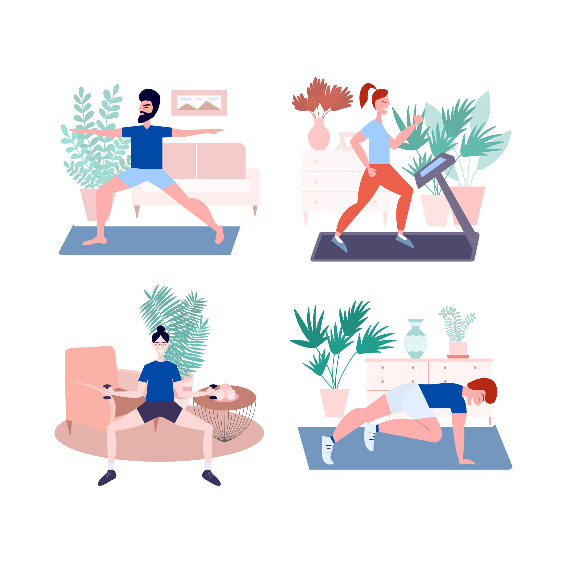 Home Sport Training Set People Fitness Activity In Room Woman And Man Doing Physical Exercises