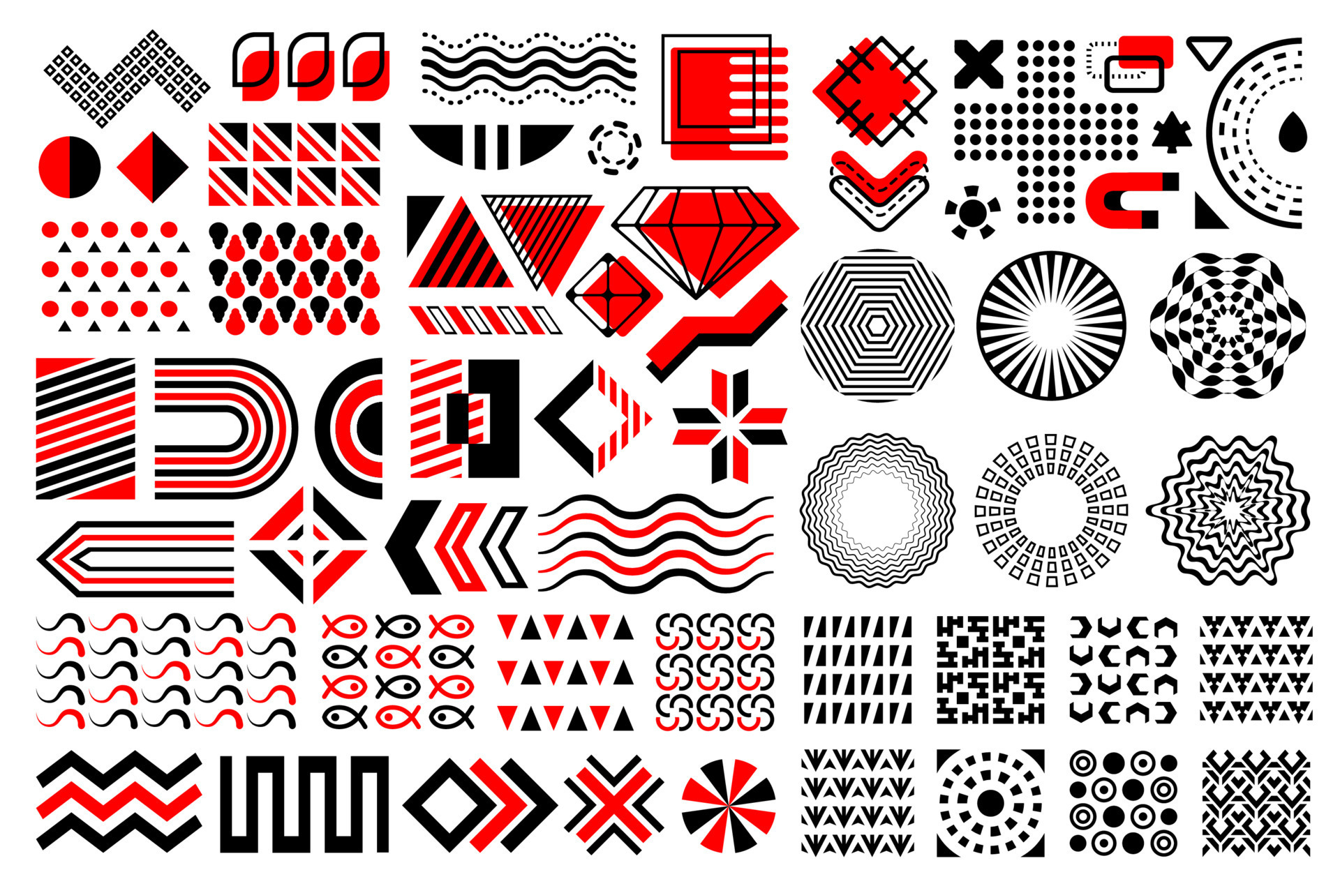 Abstract black and red geometric design elements. 80's, 90's retro design elements. Abstract ...