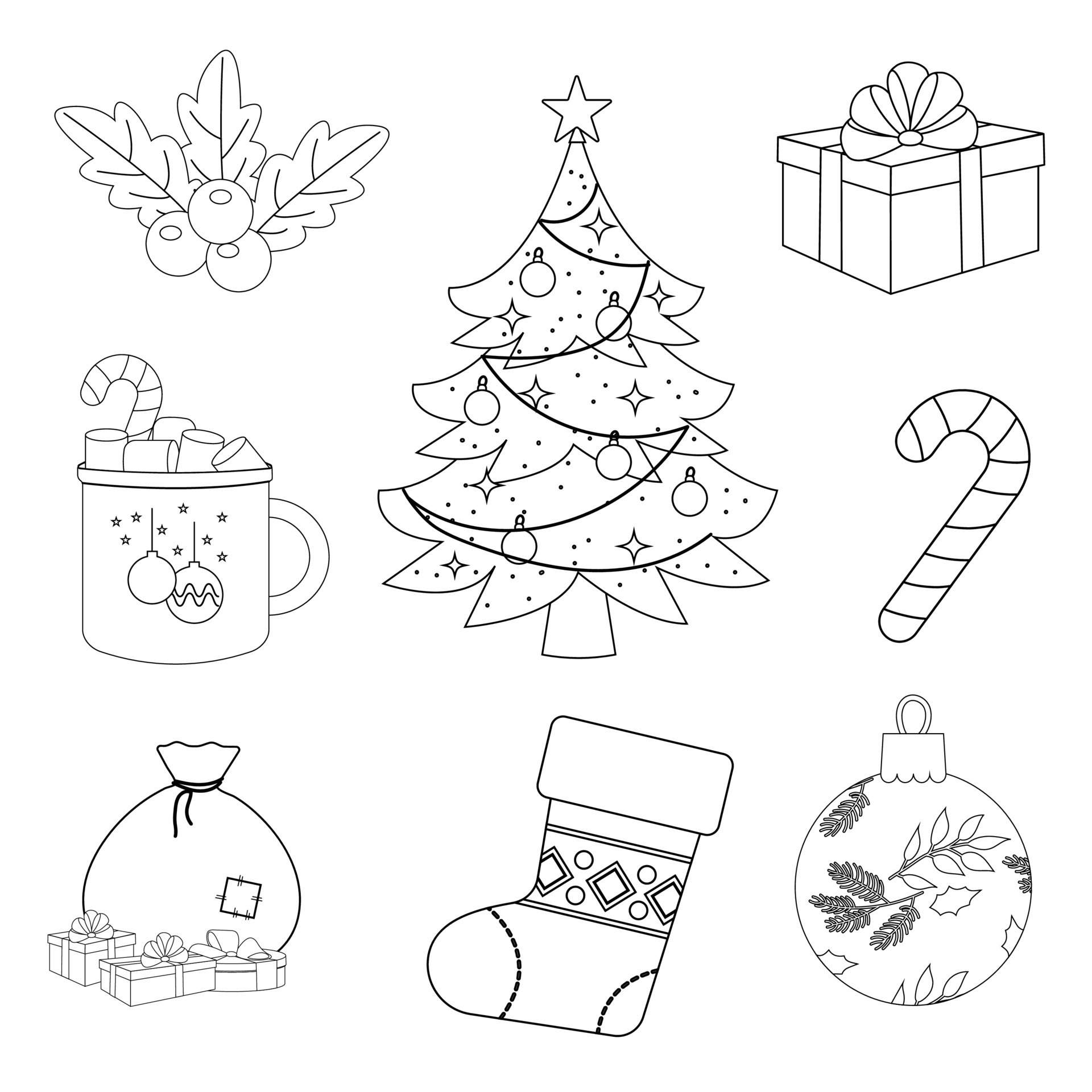 Collection of drawn Christmas holiday elements outline. Vector ...