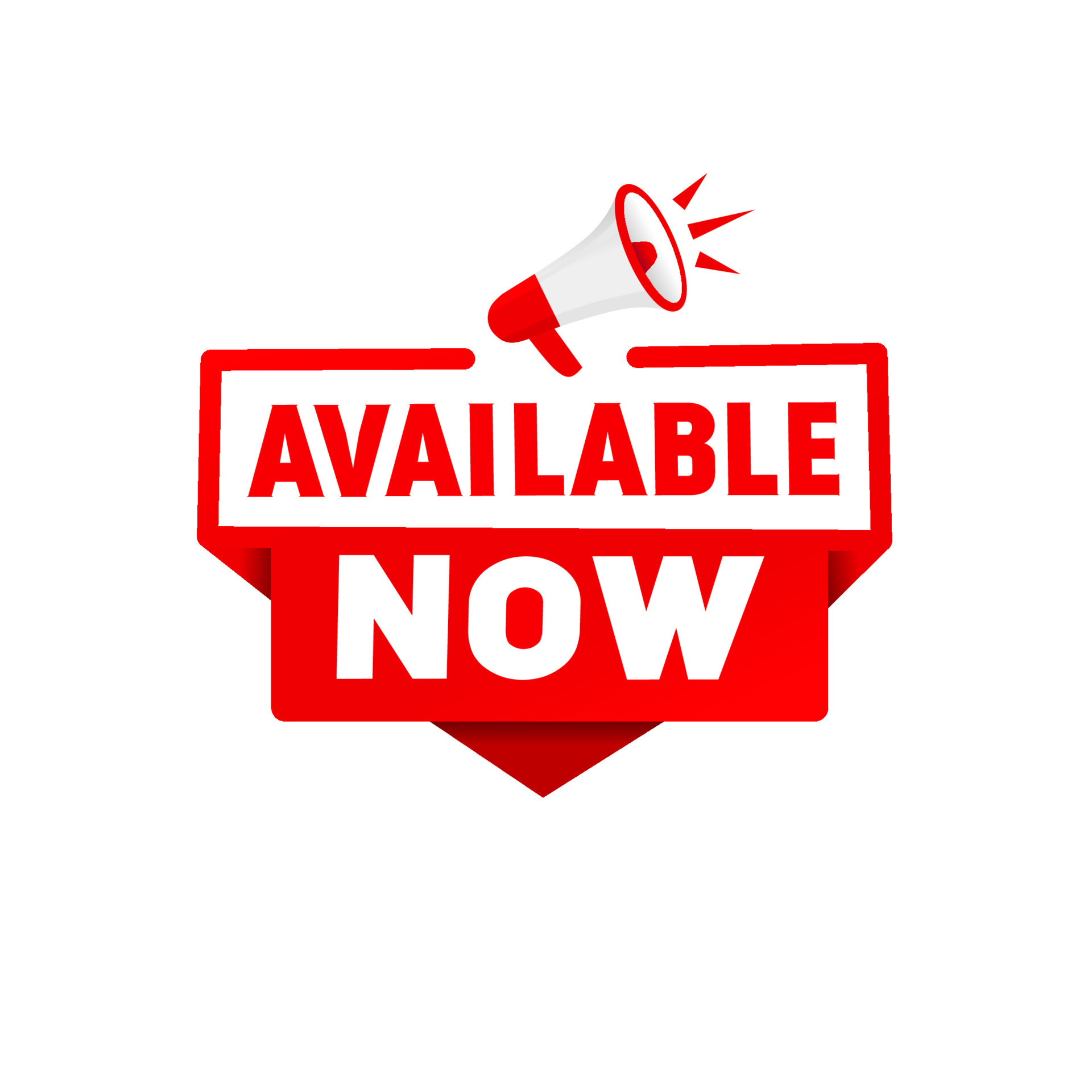 Available now banner design, badge with megaphone icon. Flat style ... Available now banner design, badge with megaphone icon. Flat style ...