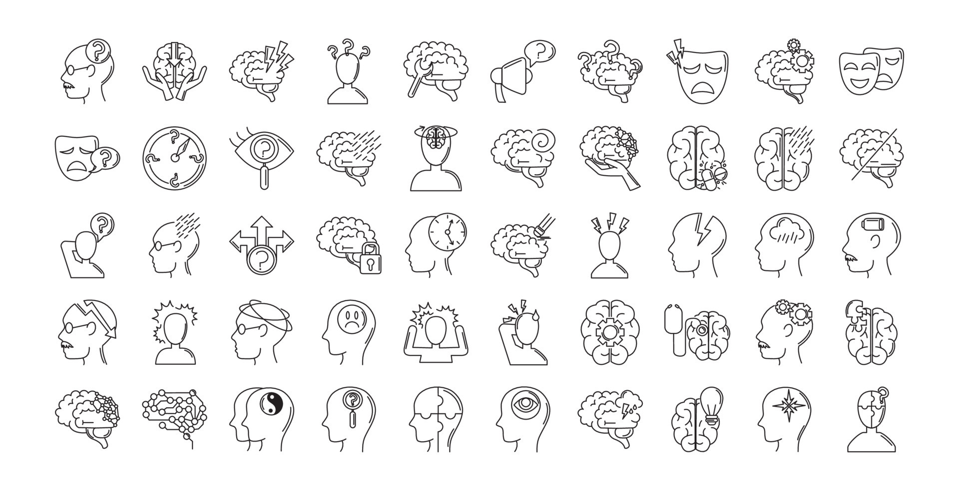 alzheimer disease, decrease in mental human ability icons set line ...