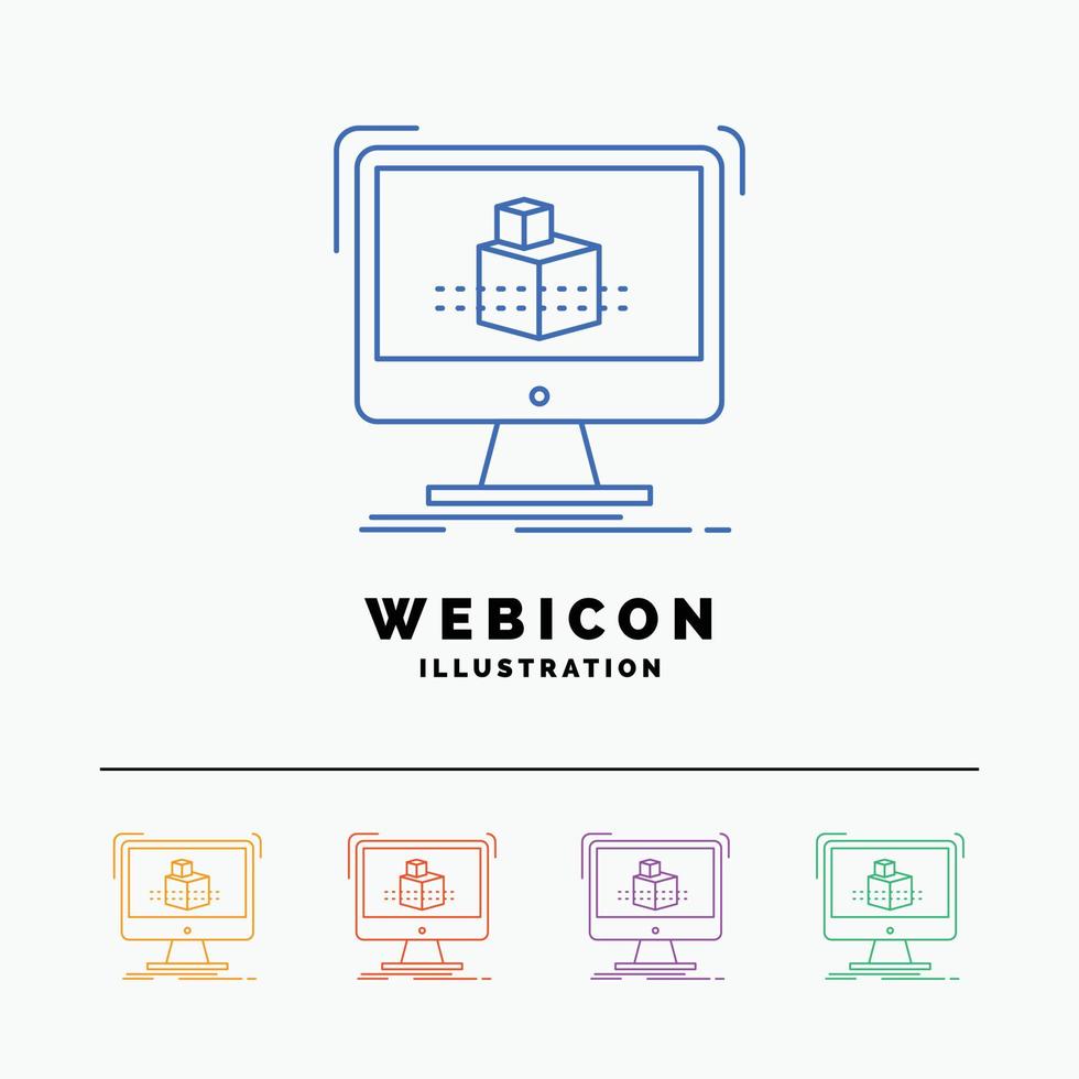 3d Cube Dimensional Modelling Sketch 5 Color Line Web Icon Template Isolated On White