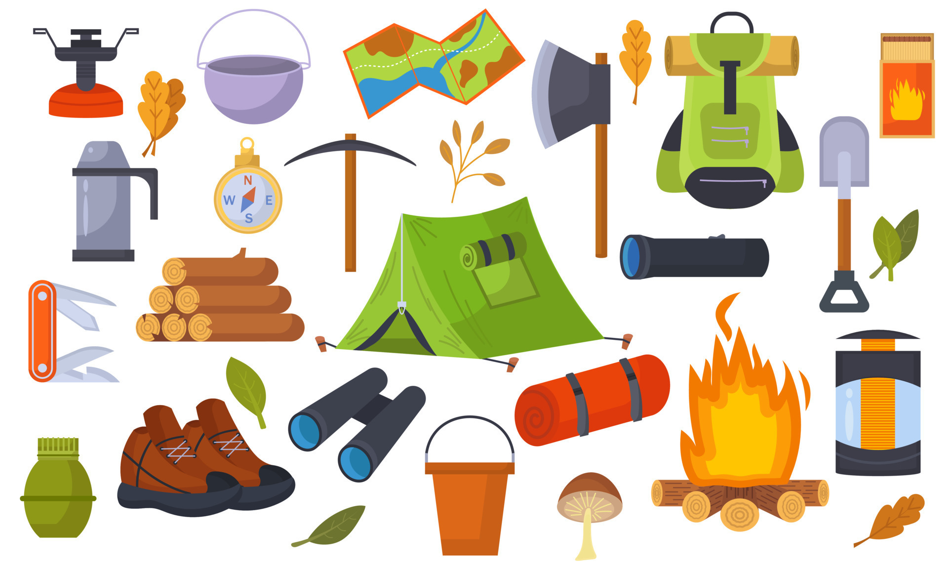 Outing equipment for hiking trips. Summer travel and camp adventure ...