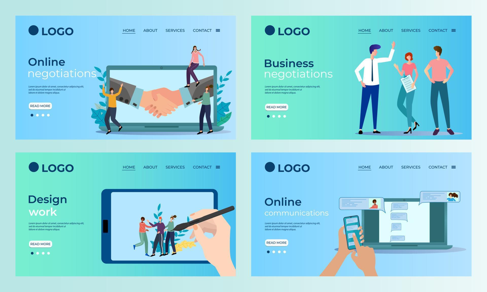 A set of landing page templates.Online business negotiations, online ...