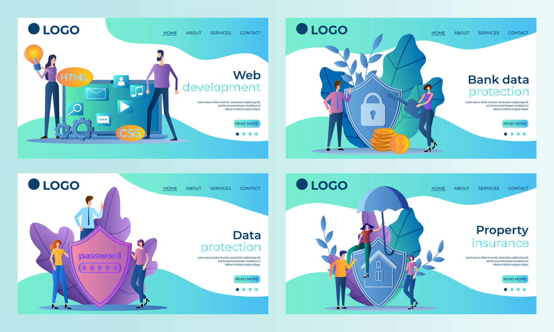 A set of landing page templates.Web development, Bank data Protection ...