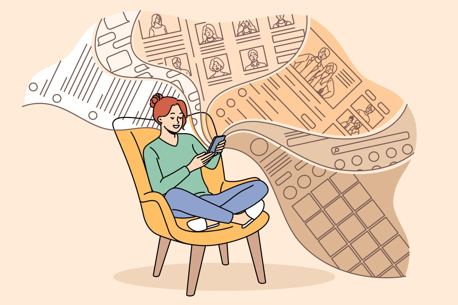 Smiling millennial girl sit relax in chair scroll social media feed on smartphone. Happy young ...