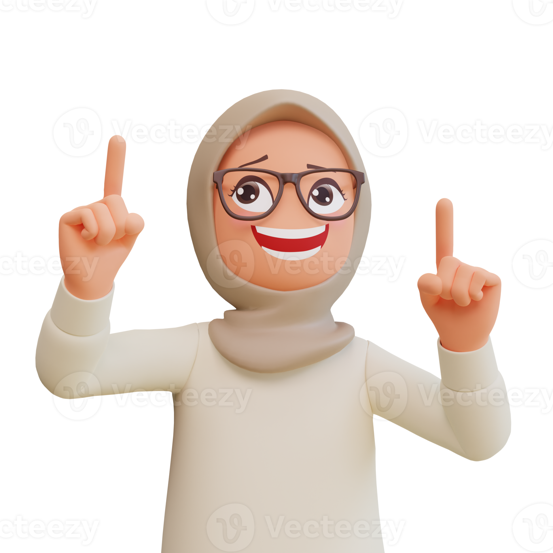 Young Muslim Woman Pointing Up 3d Cartoon Illustration 13353476 Png