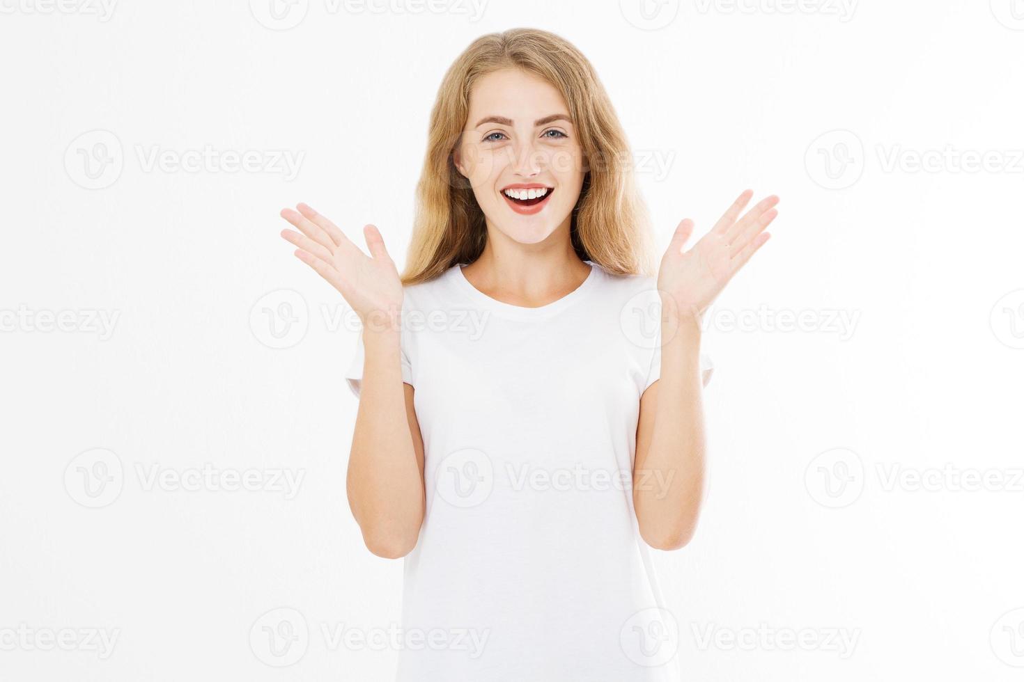 Wow effect. Surprised shocked excited caucasian woman wow face isolated on white background ...