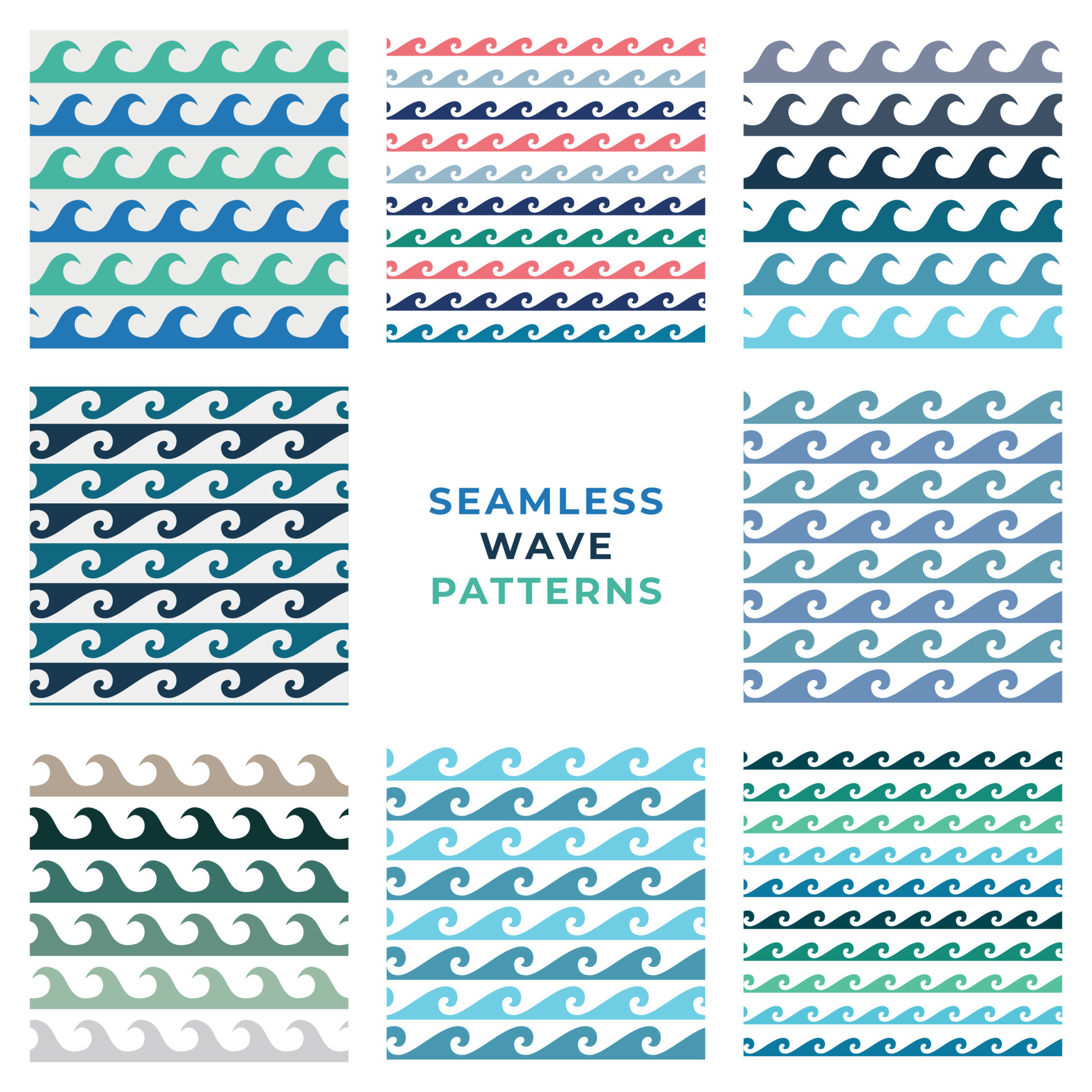 Set Of Water Wave Seamless Pattern Blue And White Vector For Textile