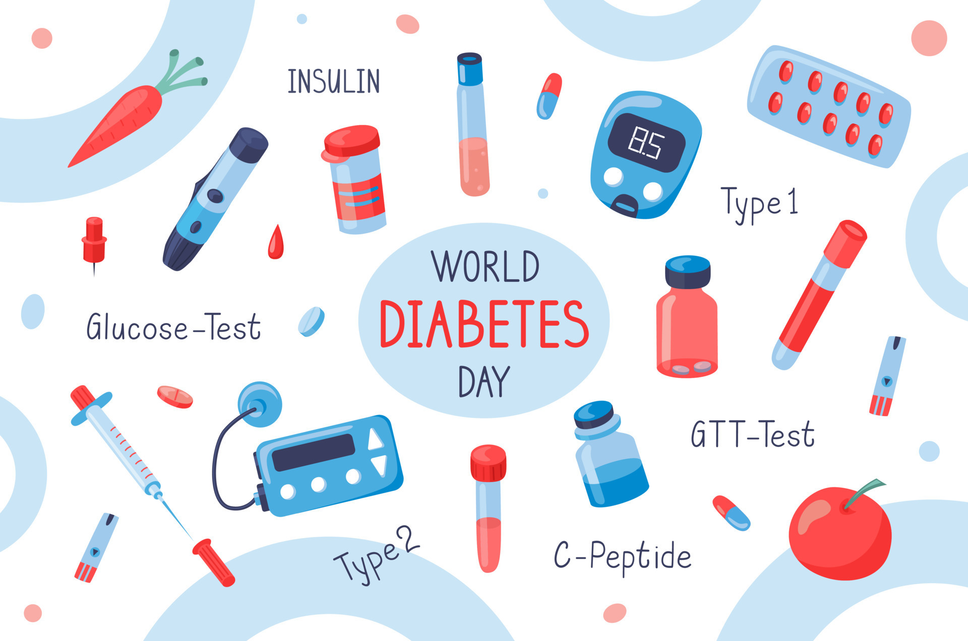 World Diabetes Day Background With Glucometer And Pills Hand Drawn