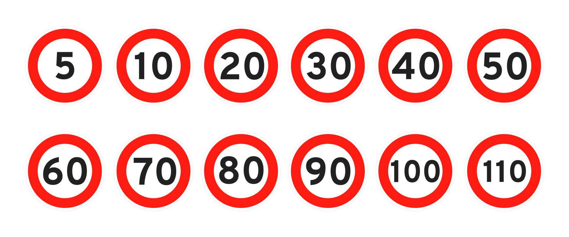 Speed limit 5, 10, 20, 30, 40, 50, 60, 70, 80, 90, 100, 110 round road traffic icon sign flat ...