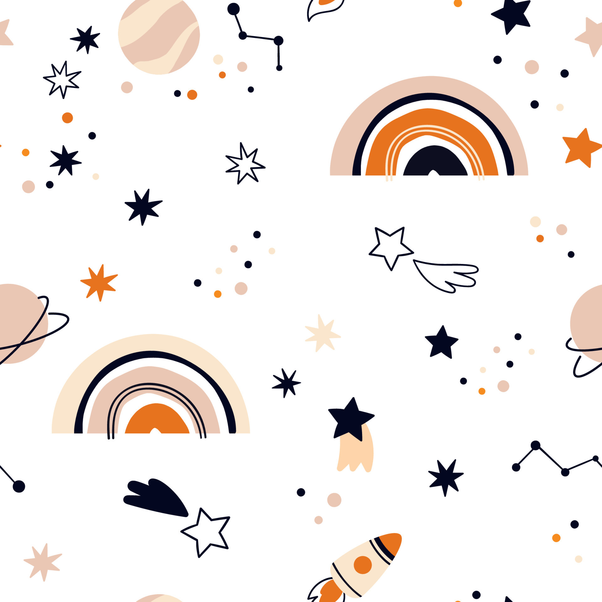 A fabulous seamless pattern with a rainbow in space. Vector children's ...