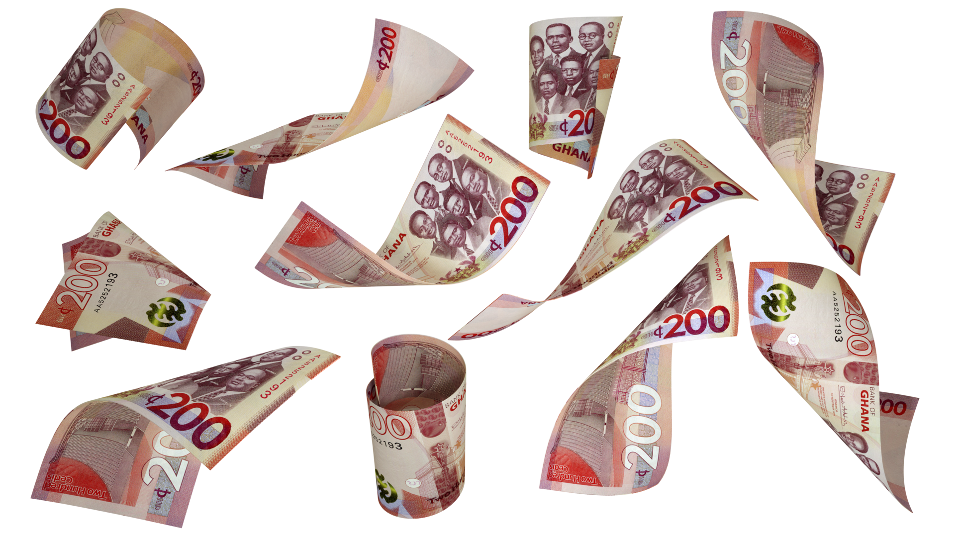 3d Rendering Of 200 Ghanaian Cedi Notes Flying In Different Angles And Orientations Isolated On