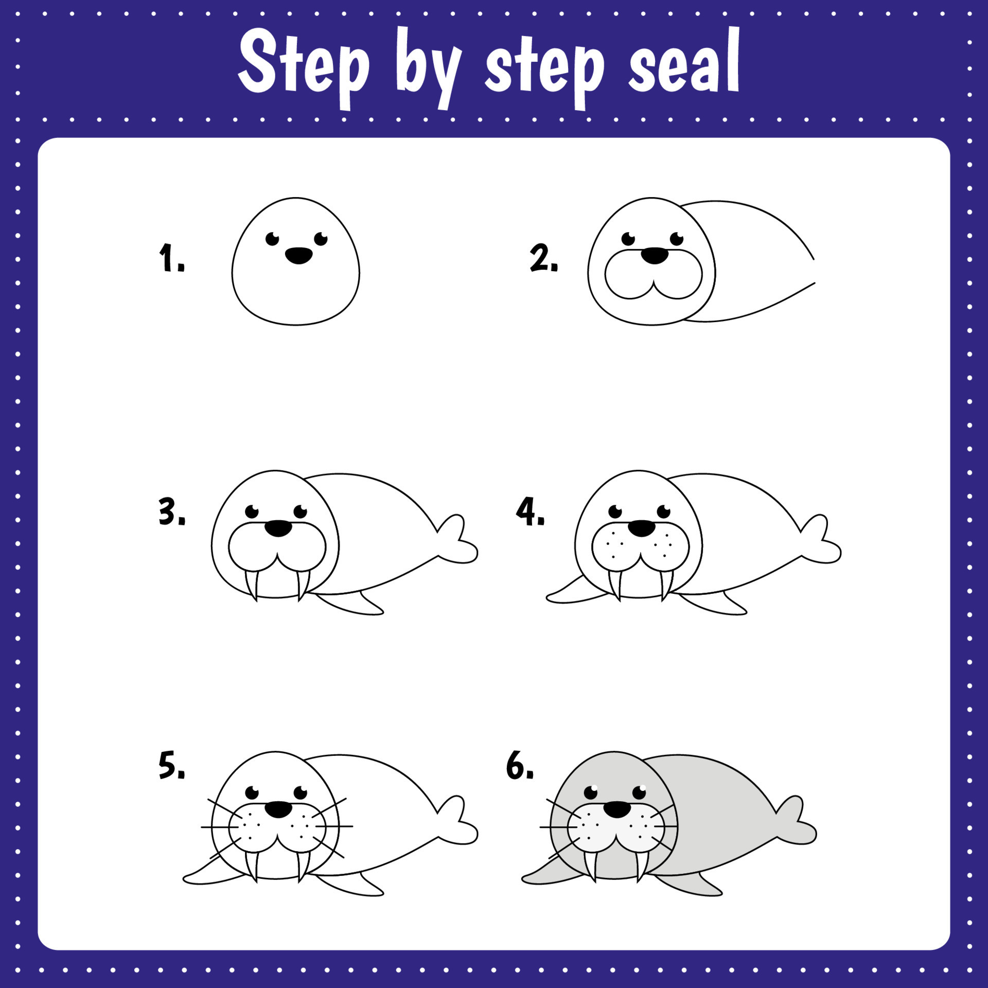Educational worksheet for kids. Step by step drawing illustration. Seal ...