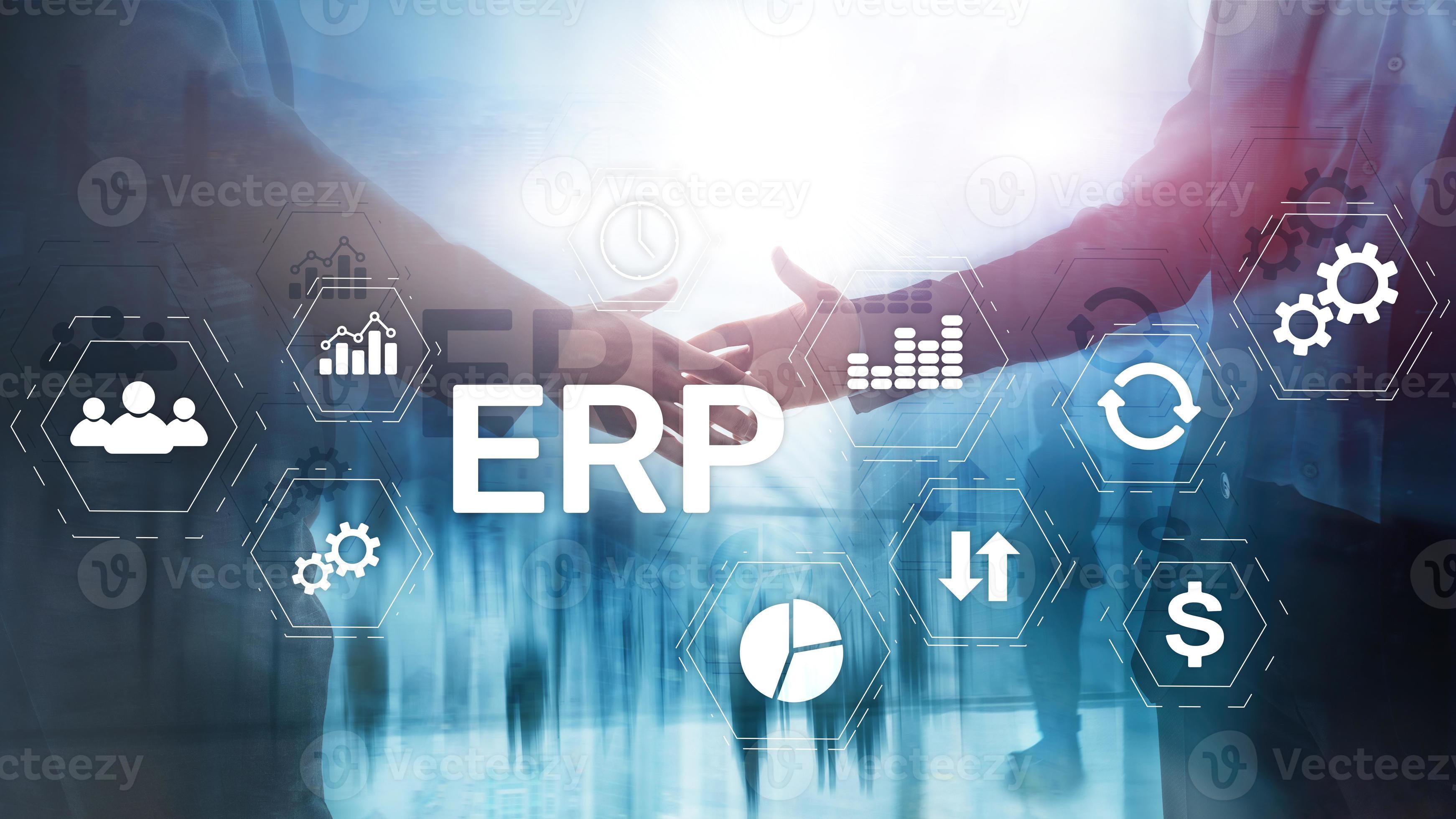 ERP system, Enterprise resource planning on blurred background. Business automation and ...