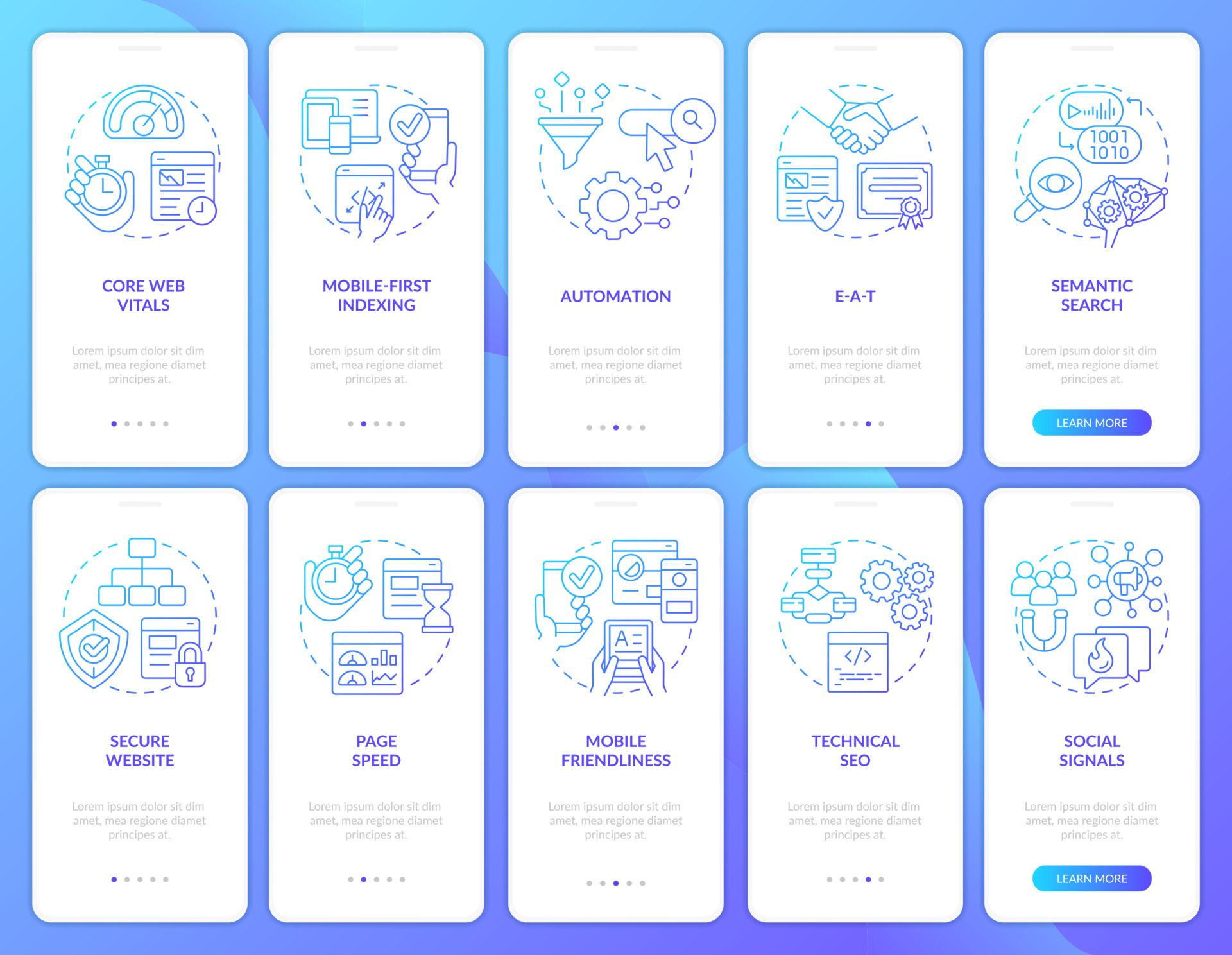 Search Engine Optimization Blue Gradient Onboarding Mobile App Screen Set Walkthrough 5 Steps