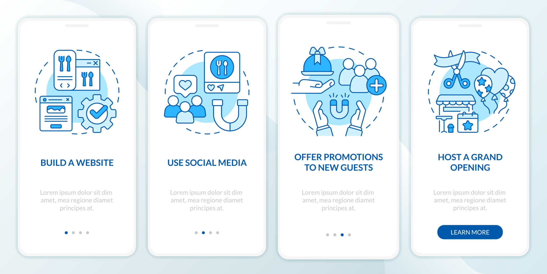 Attract Customers To Restaurant Blue Onboarding Mobile App Screen Walkthrough 4 Steps Editable