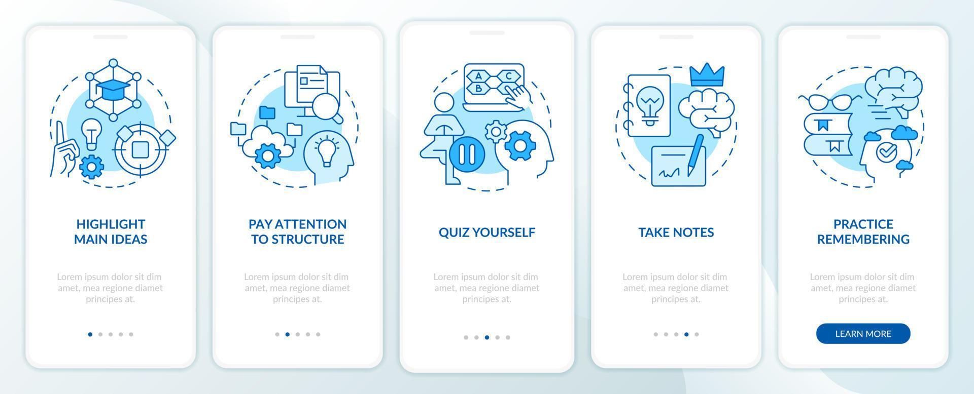 Learning and memorizing techniques blue onboarding mobile app screen. Walkthrough 5 steps ...