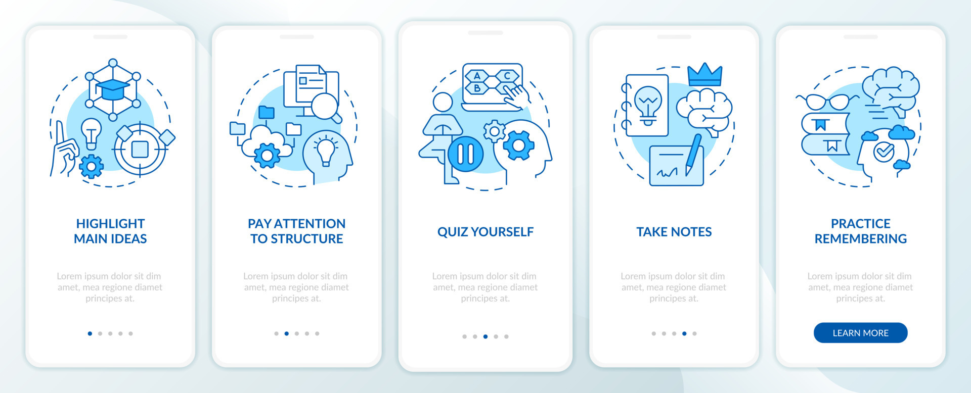 Learning And Memorizing Techniques Blue Onboarding Mobile App Screen Walkthrough 5 Steps