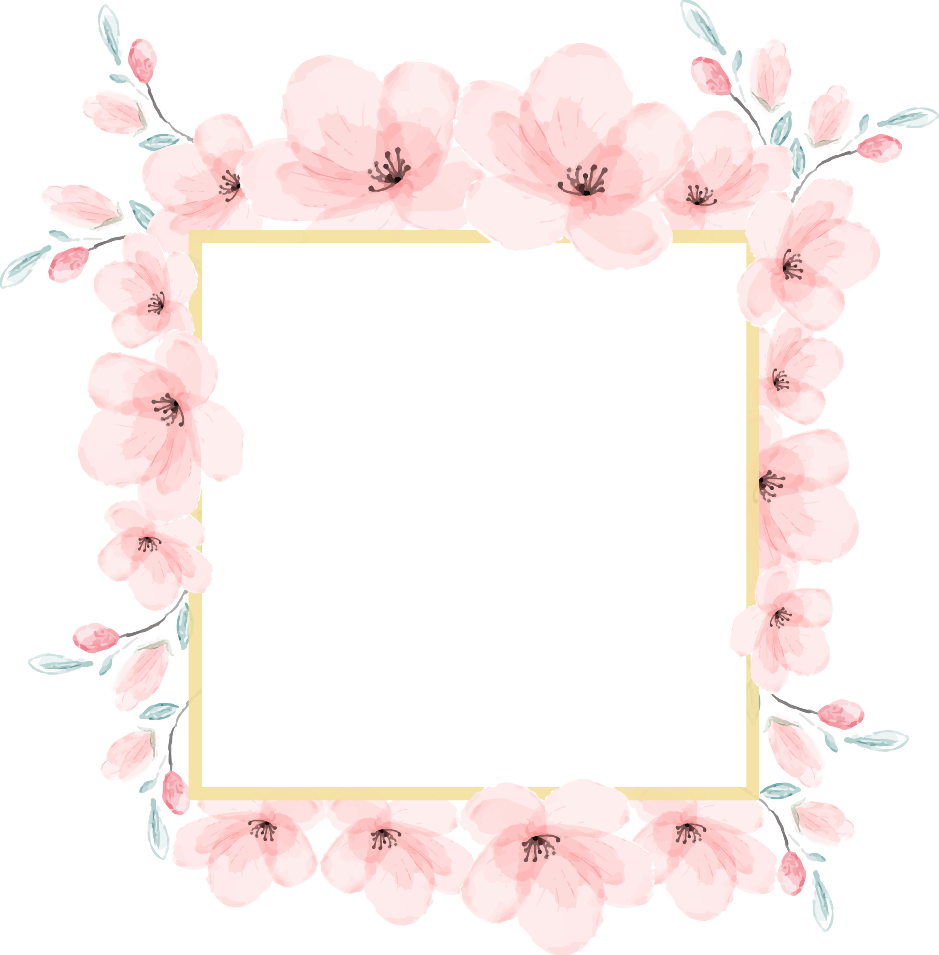 Moldura Dourada De Flor De Cerejeira Em Aquarela Rosa
