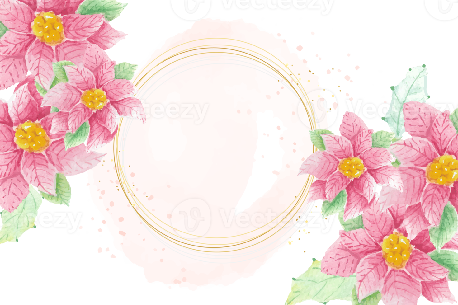Watercolor Christmas Poinsettia Flower Bouquet With Circle Golden Frame