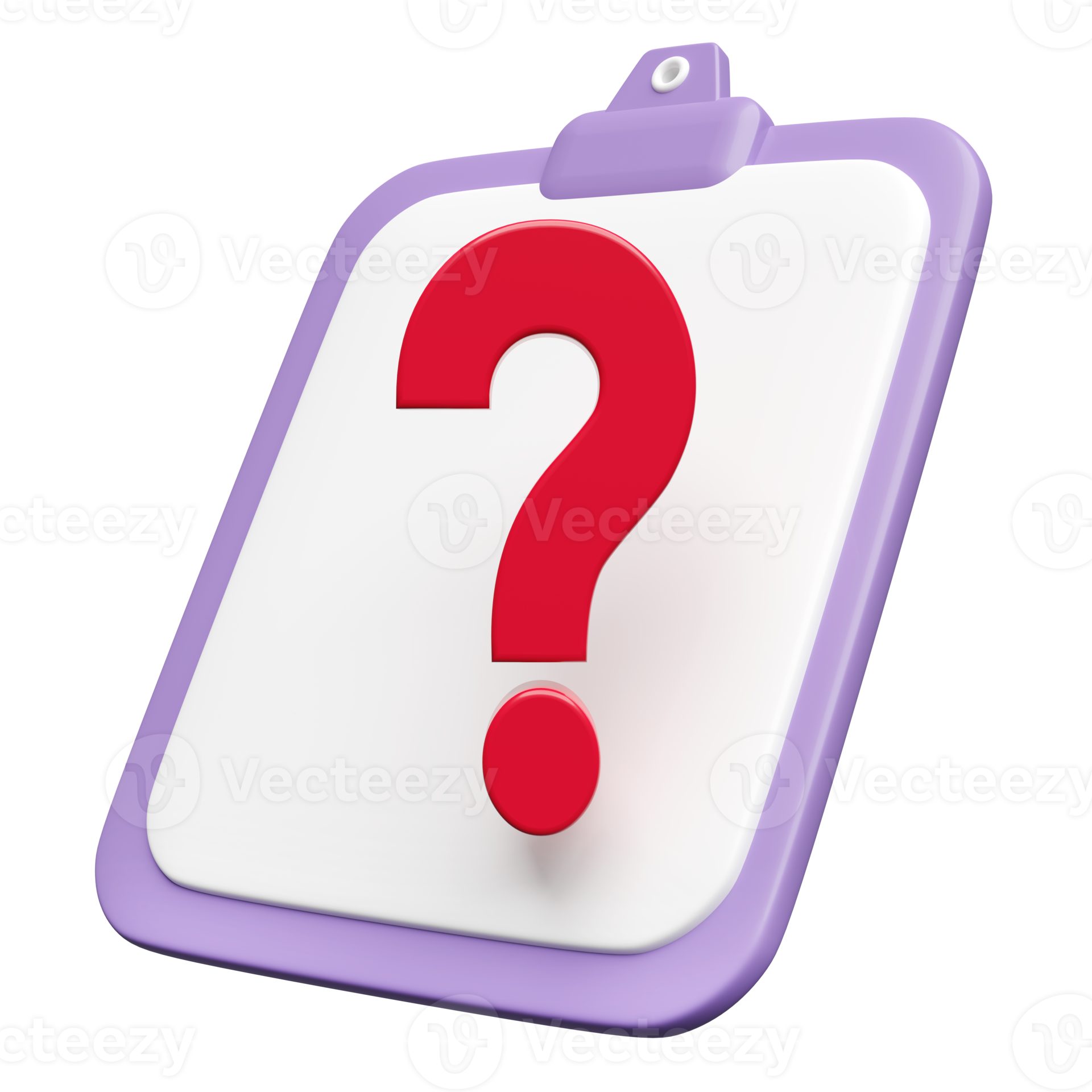 3d clipboard with red question mark symbol icon, checklist paper isolated. FAQ or frequently ...
