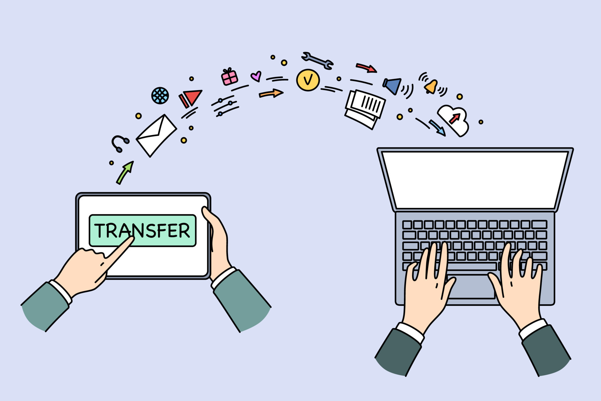 Transferring information and technologies concept. Top view flat-lay of ... Transferring information and technologies concept. Top view flat-lay of ...