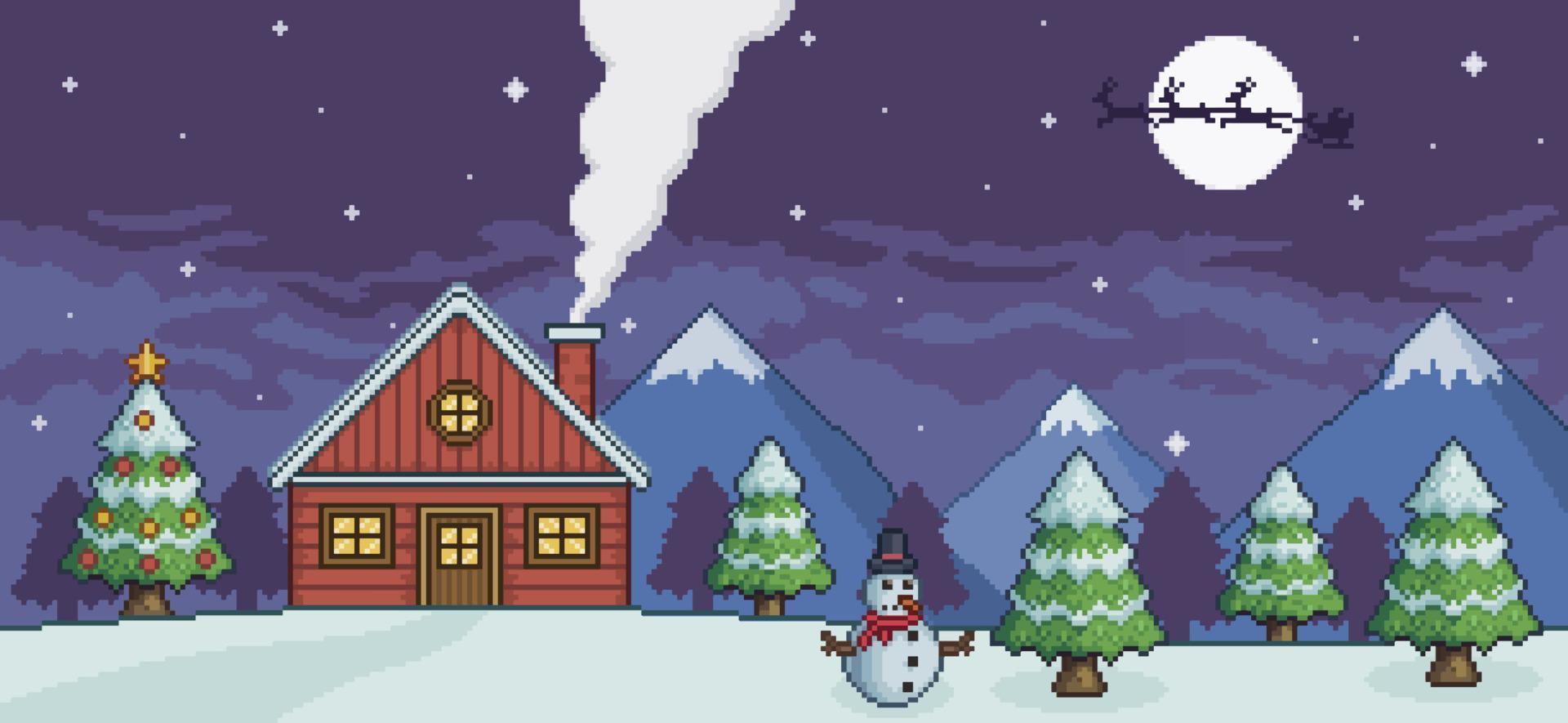 Pixel art christmas landscape with house, mountains, pine forest ...