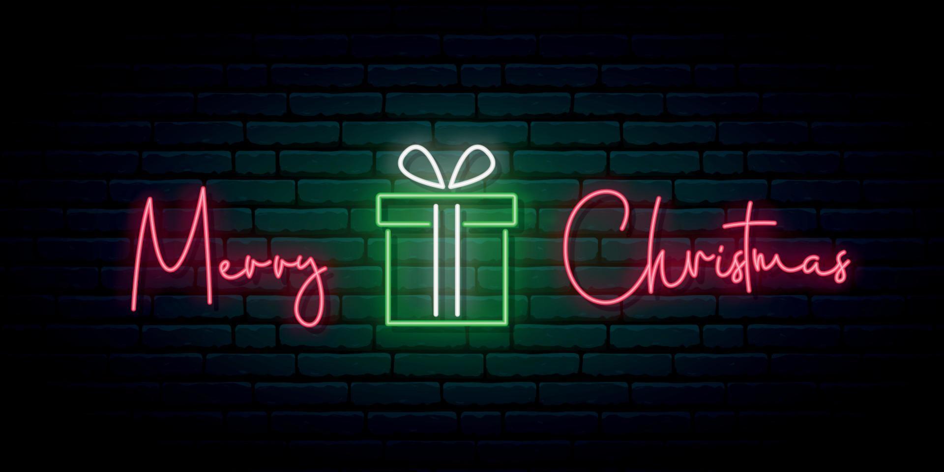 Neon Merry Christmas Signboard Greeting Banner With Glowing Neon Text