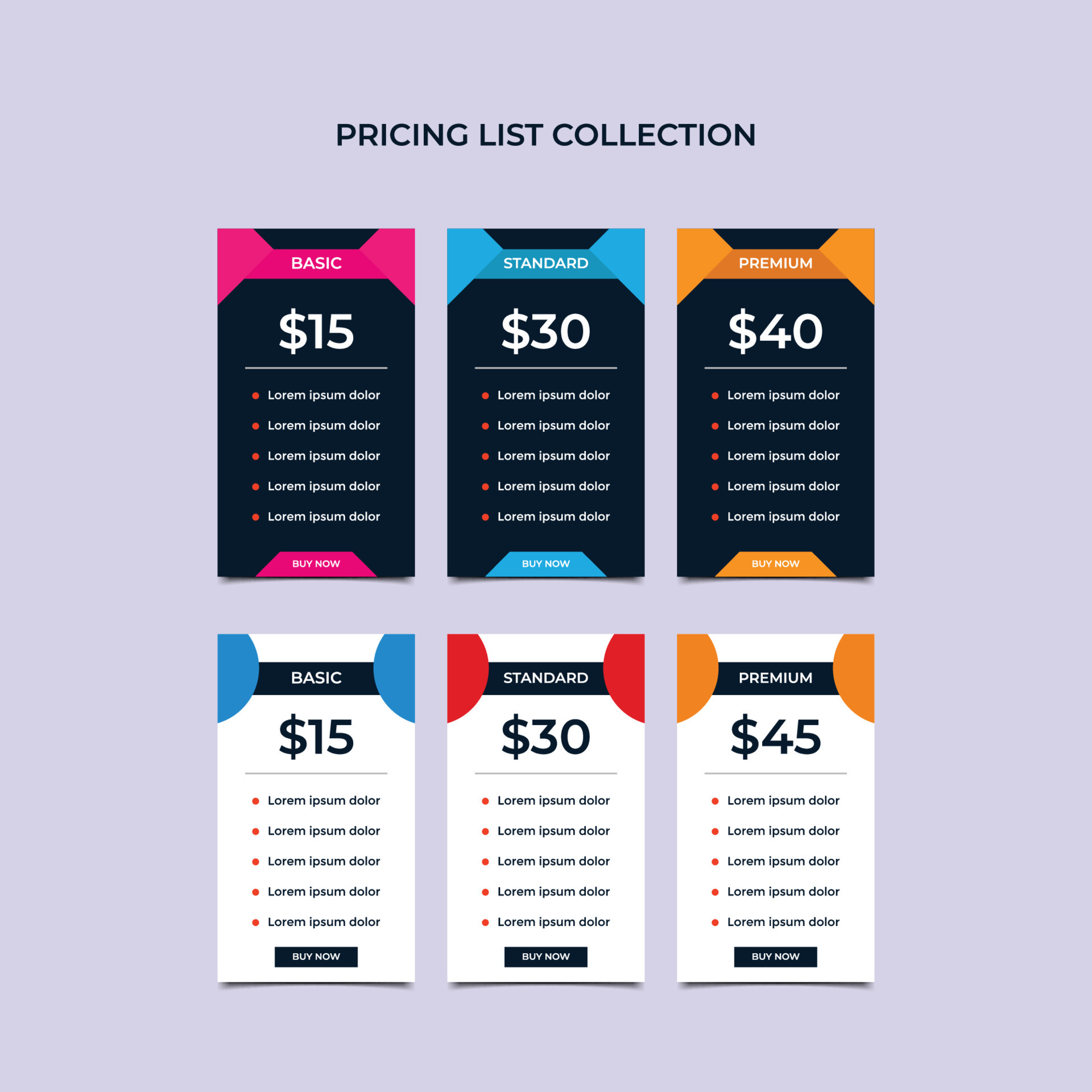 2 Set Table price comparison. Vector. Chart plan template. Pricing grid ...