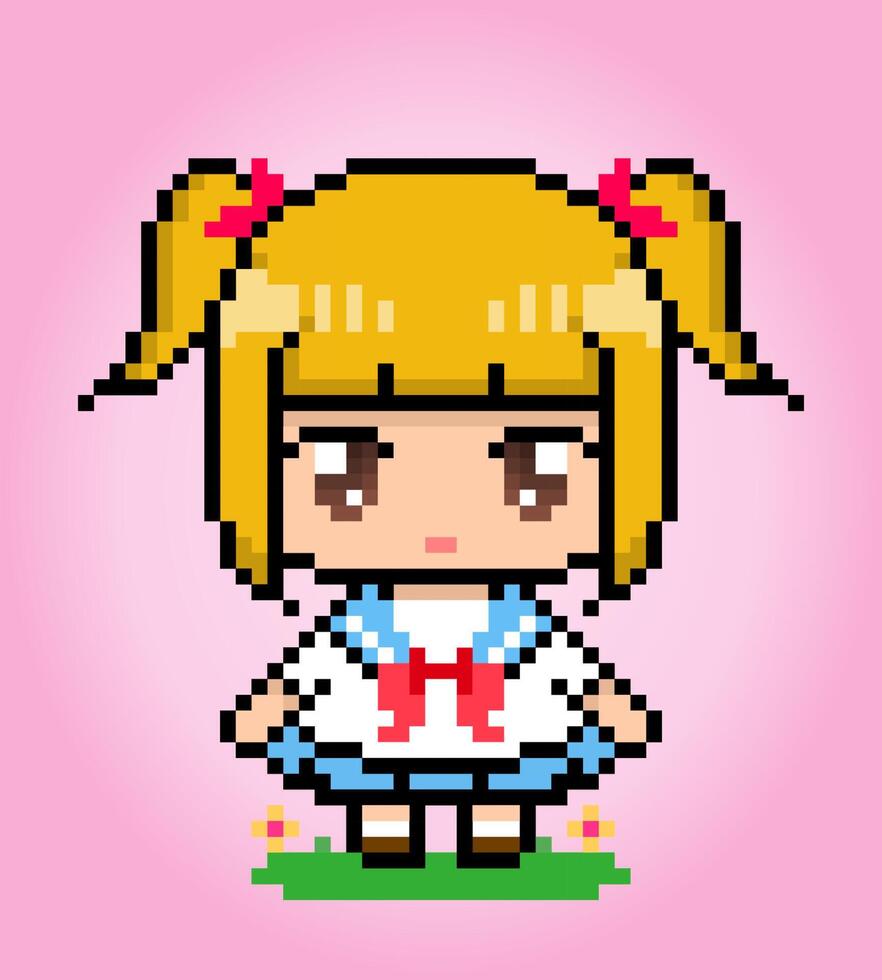 8 Bit Of Pixel Womens Character Pixel School Girl In Vector Illustrations For Game Assets Or