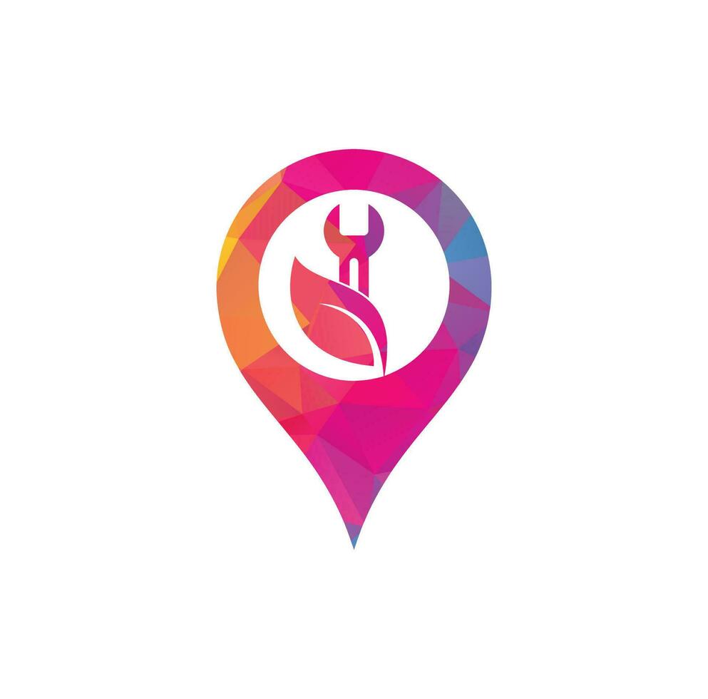 Wrench leaf map pin shape vector logo design template. Repair service leaf nature logo design ...