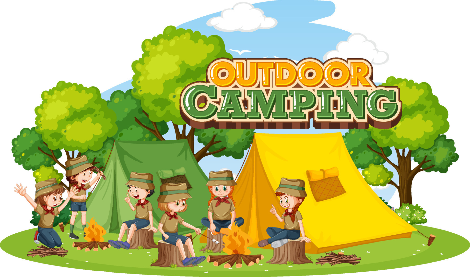 Outdoor camping with scout kids 13426714 Vector Art at Vecteezy