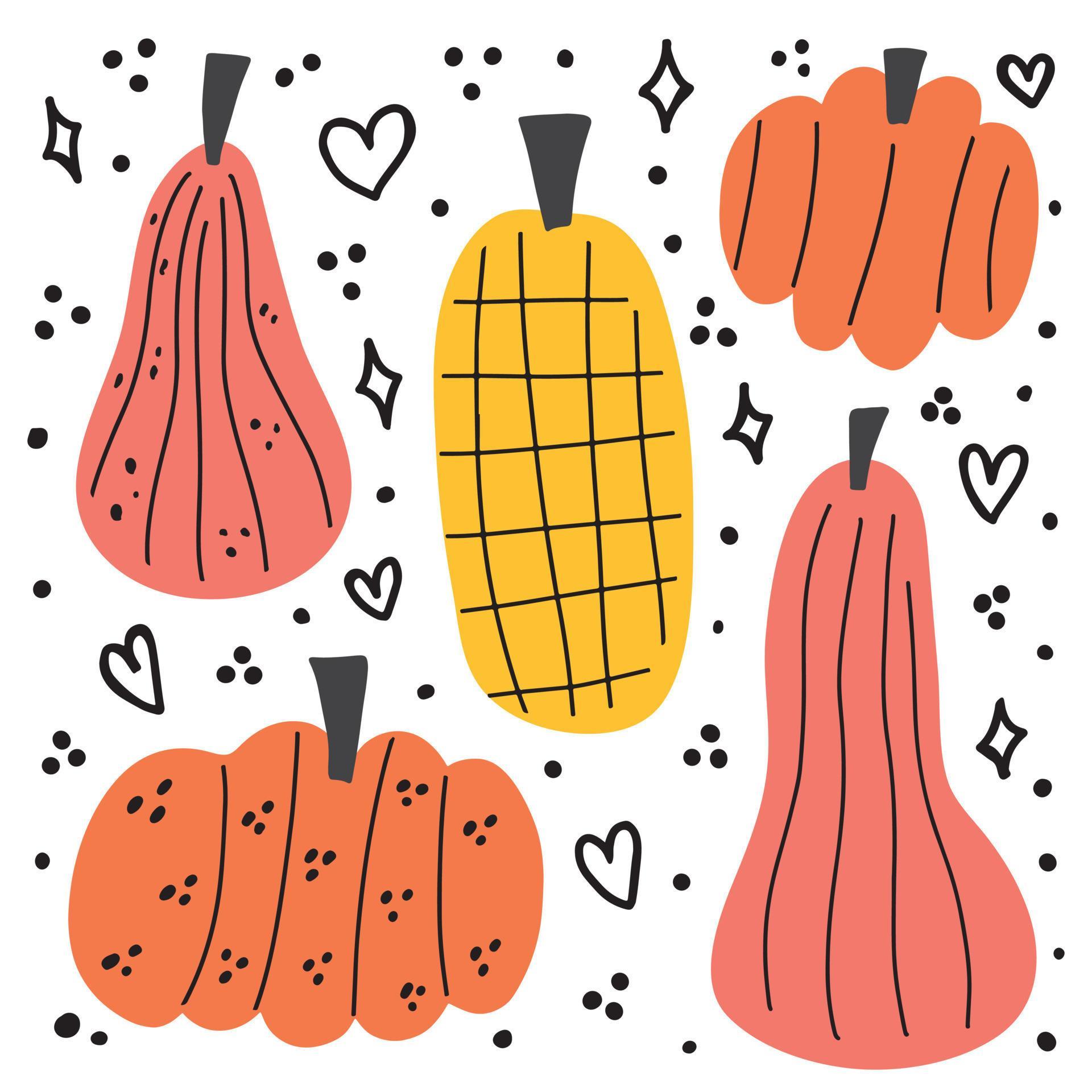 Cute hand drawn pumpkin doodle set. Different pumkin gourd decorated ...